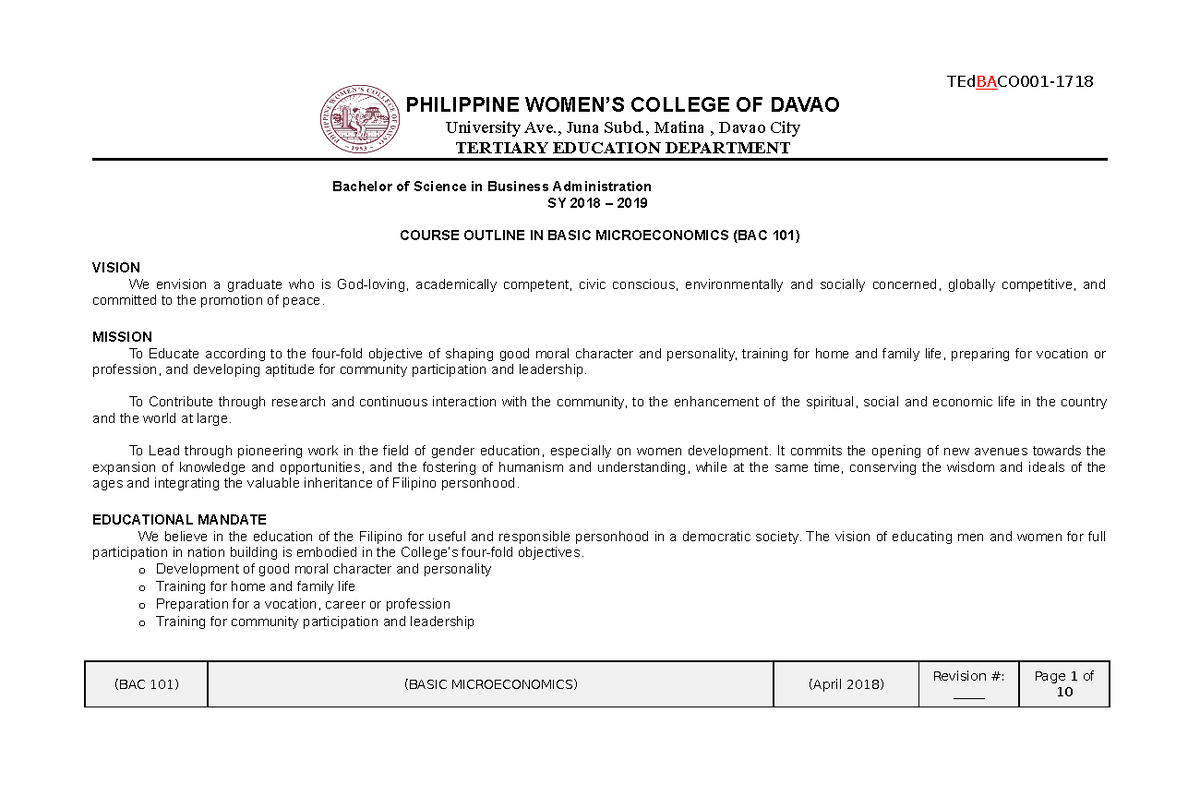 Syllabus For Basic Micro Economics 3 1 - PHILIPPINE WOMEN’S COLLEGE OF ...