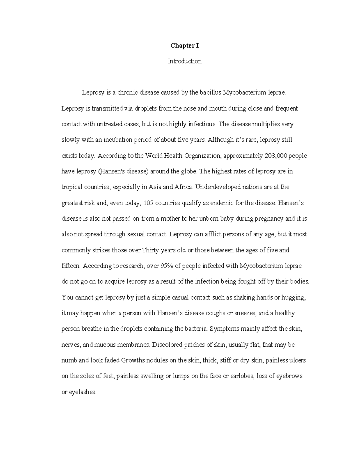 CS- Leper - Chapter I Introduction Leprosy is a chronic disease caused ...