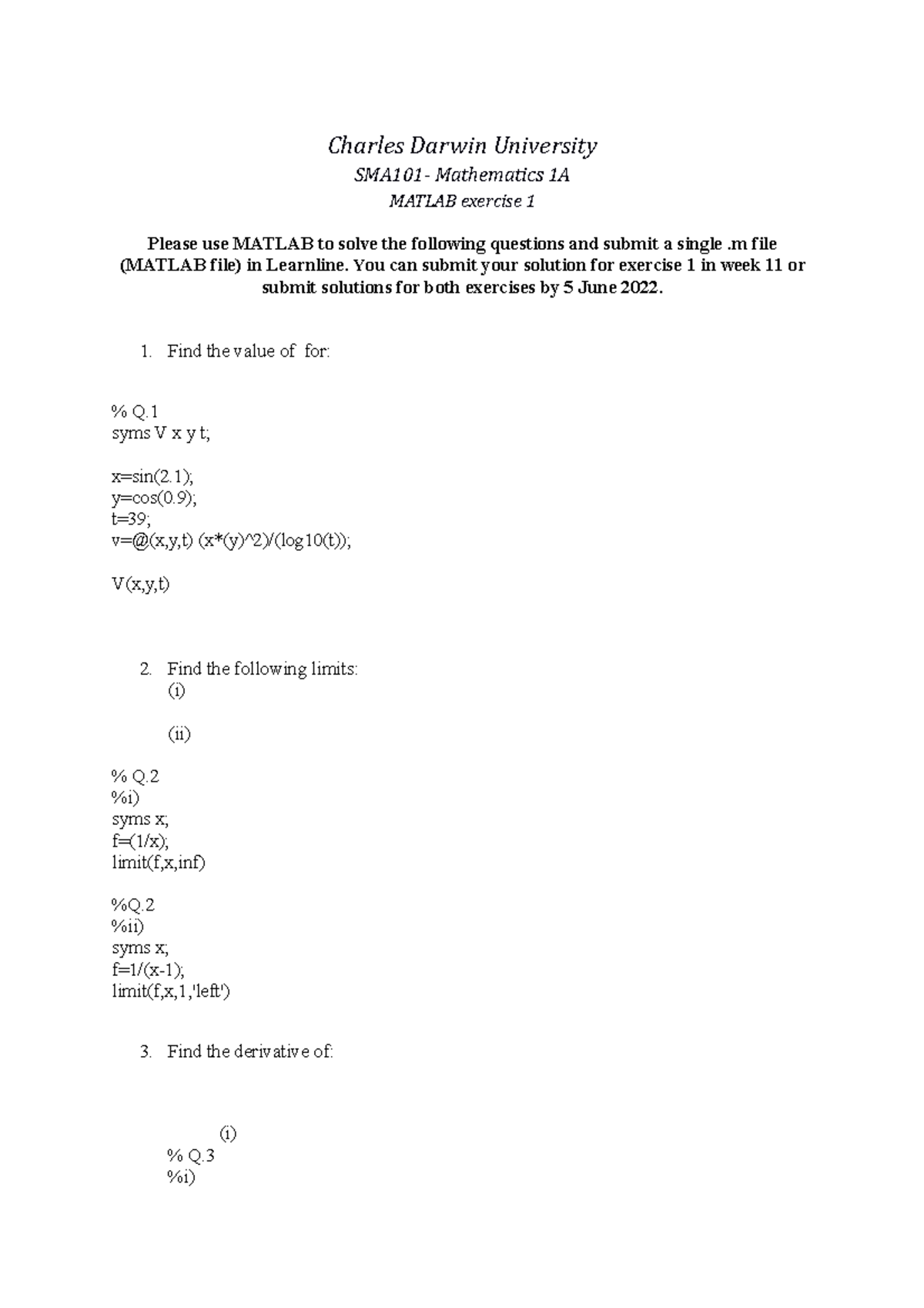 SMA101-Matlab-Exercise 1 - Charles Darwin University SMA101- Mathematics 1A MATLAB exercise 1 ...