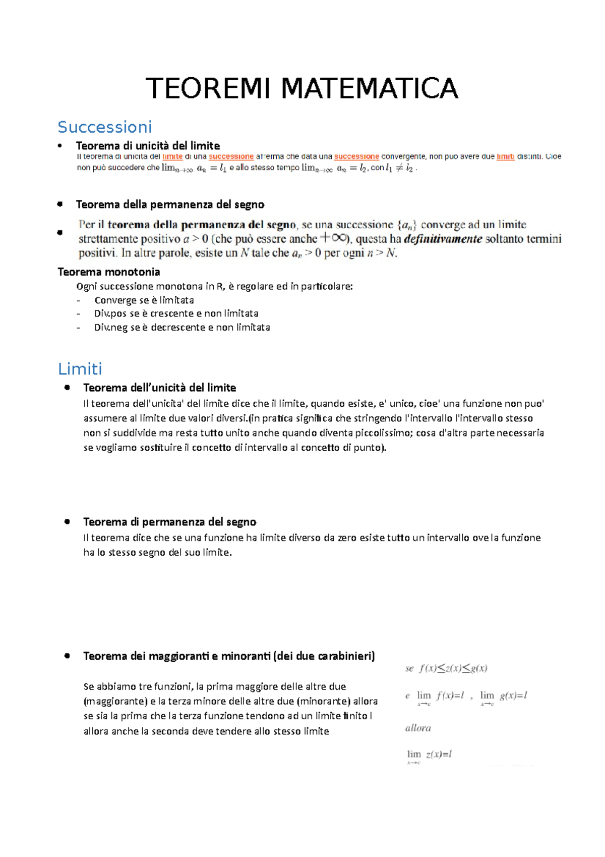 Teoremi Matematica - TEOREMI MATEMATICA Successioni Teorema di unicità ...