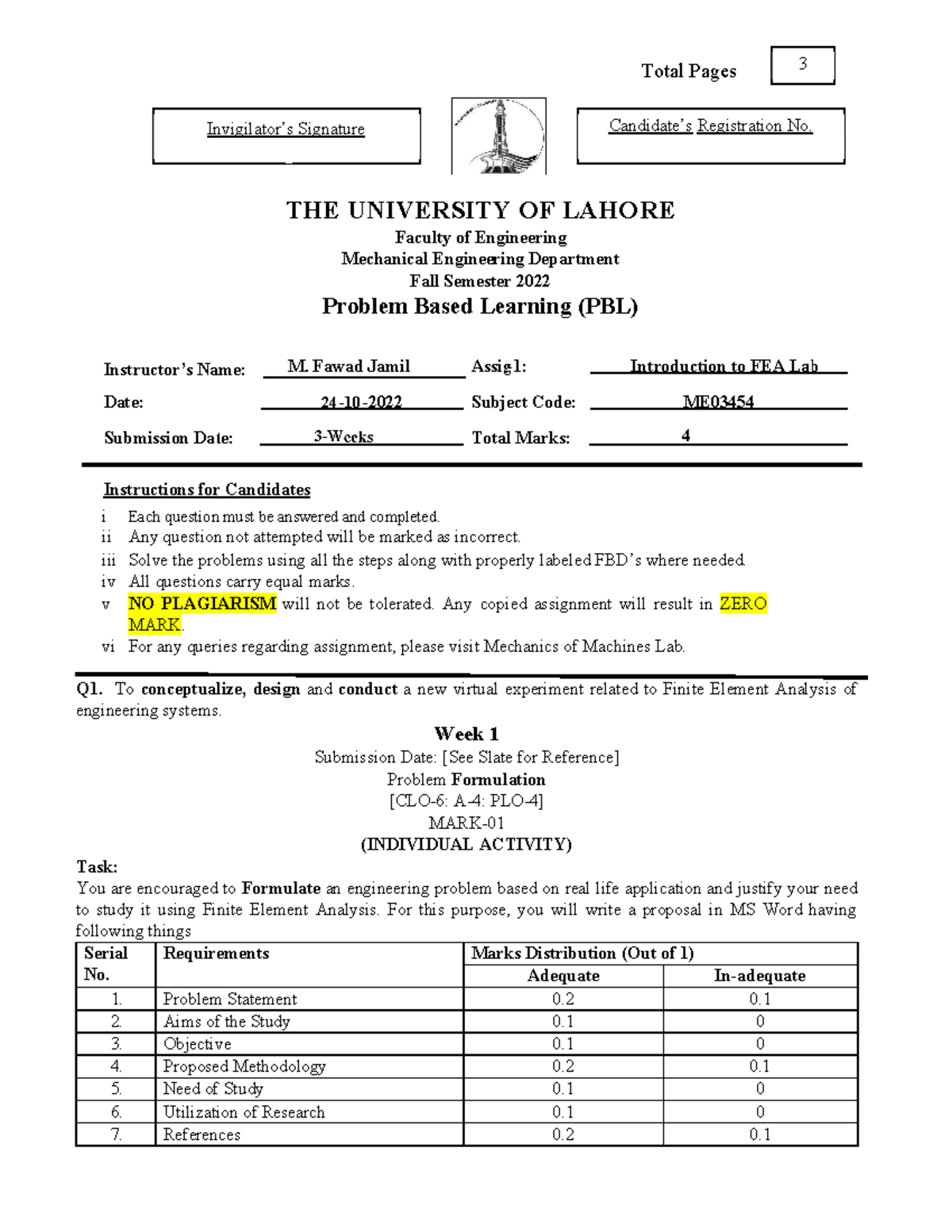 Pbl Questionnaire Problem Based Learning The University Of Lahore Faculty Of Engineering