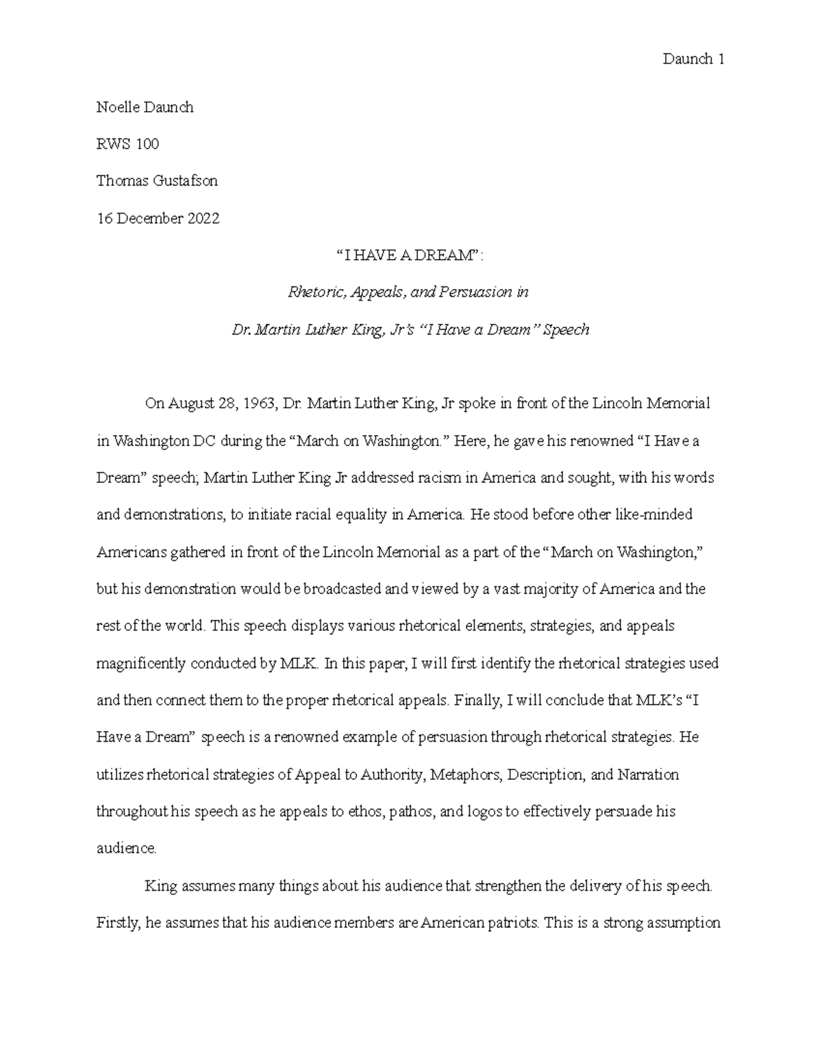 Rhetorical Analysis of King's I Have a Dream Speech - Noelle Daunch RWS ...