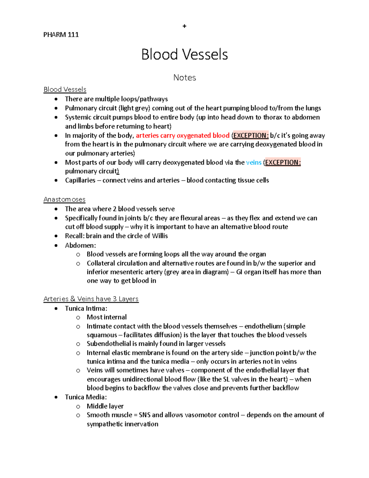 Blood Vessels Lecture Notes - PHARM 111 Blood Vessels Notes Blood ...