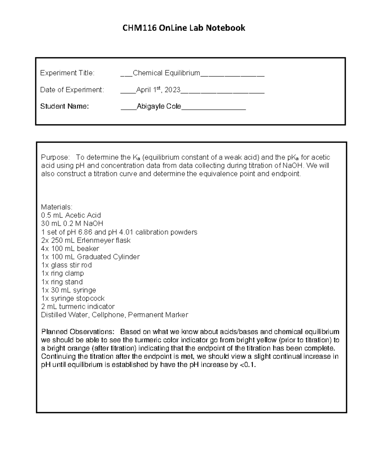 CHM116 On Line Lab Notebook Form-Lab4 Chemical Equilibrium - CHM11 6 ...