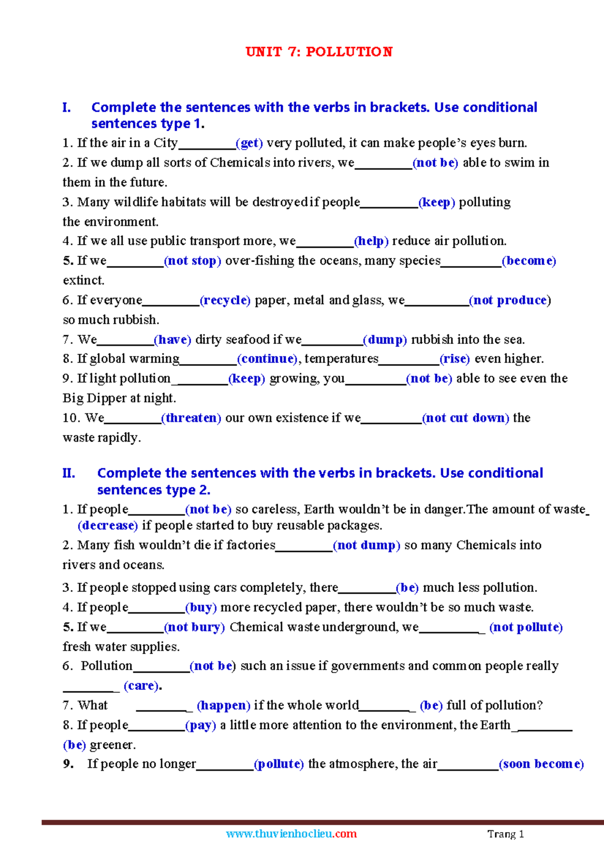 Unit 7 - nice - thuvienhoclieu Trang 1 UNIT 7: POLLUTION I. Complete ...