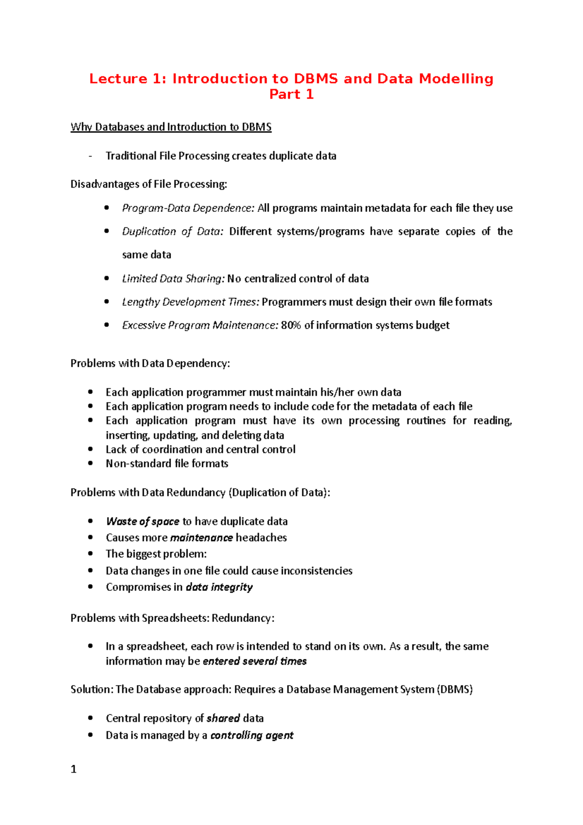 Data base Fundamentals Notes - Lecture 1: Introduction to DBMS and Data ...