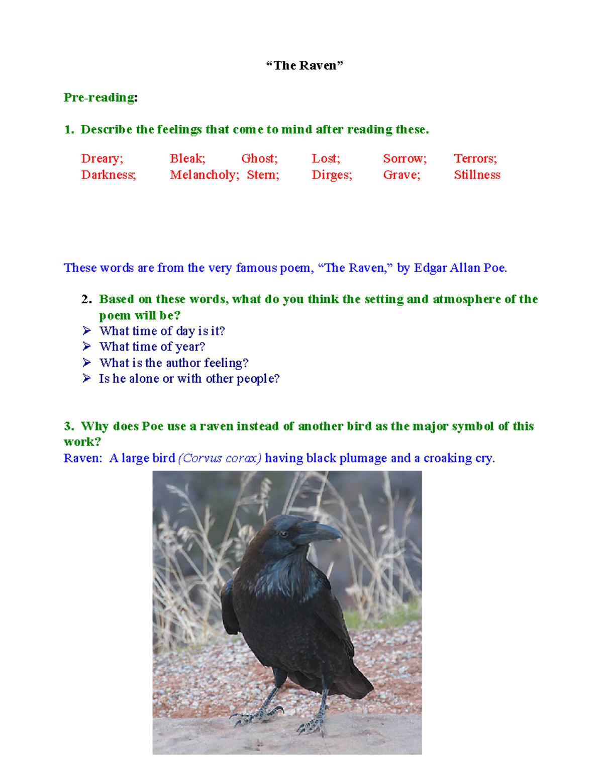 Class Starter, The Raven - “The Raven” Pre-reading: 1. Describe the ...