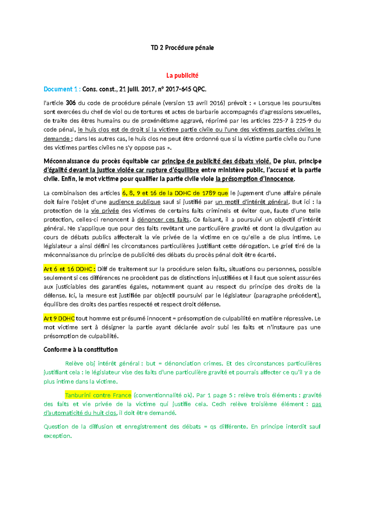 TD 2 Proc Ã©dure p Ã©nale 2 - TD 2 Procédure pénale La publicité Document 1 : Cons. const., 21 ...