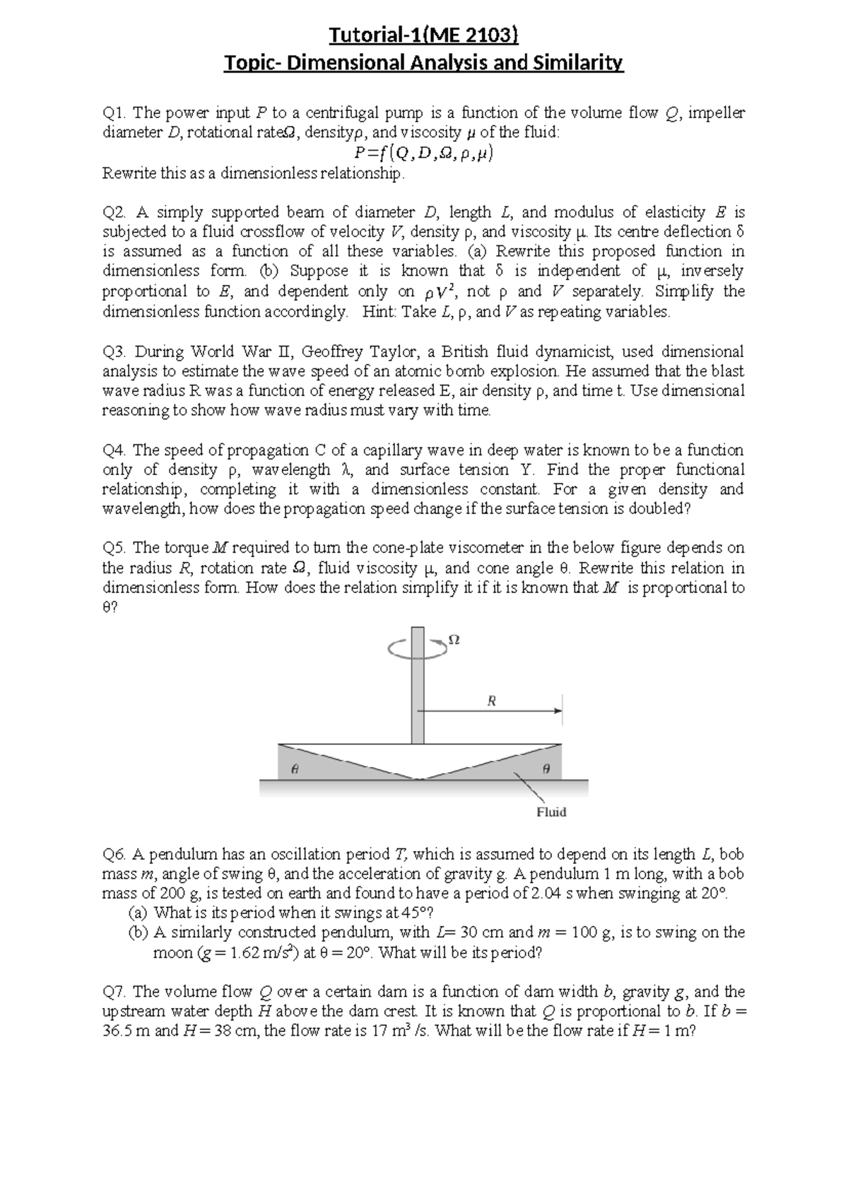 Tut-1 - QUESTIONS - Tutorial-1(ME 2103) Topic- Dimensional Analysis and ...