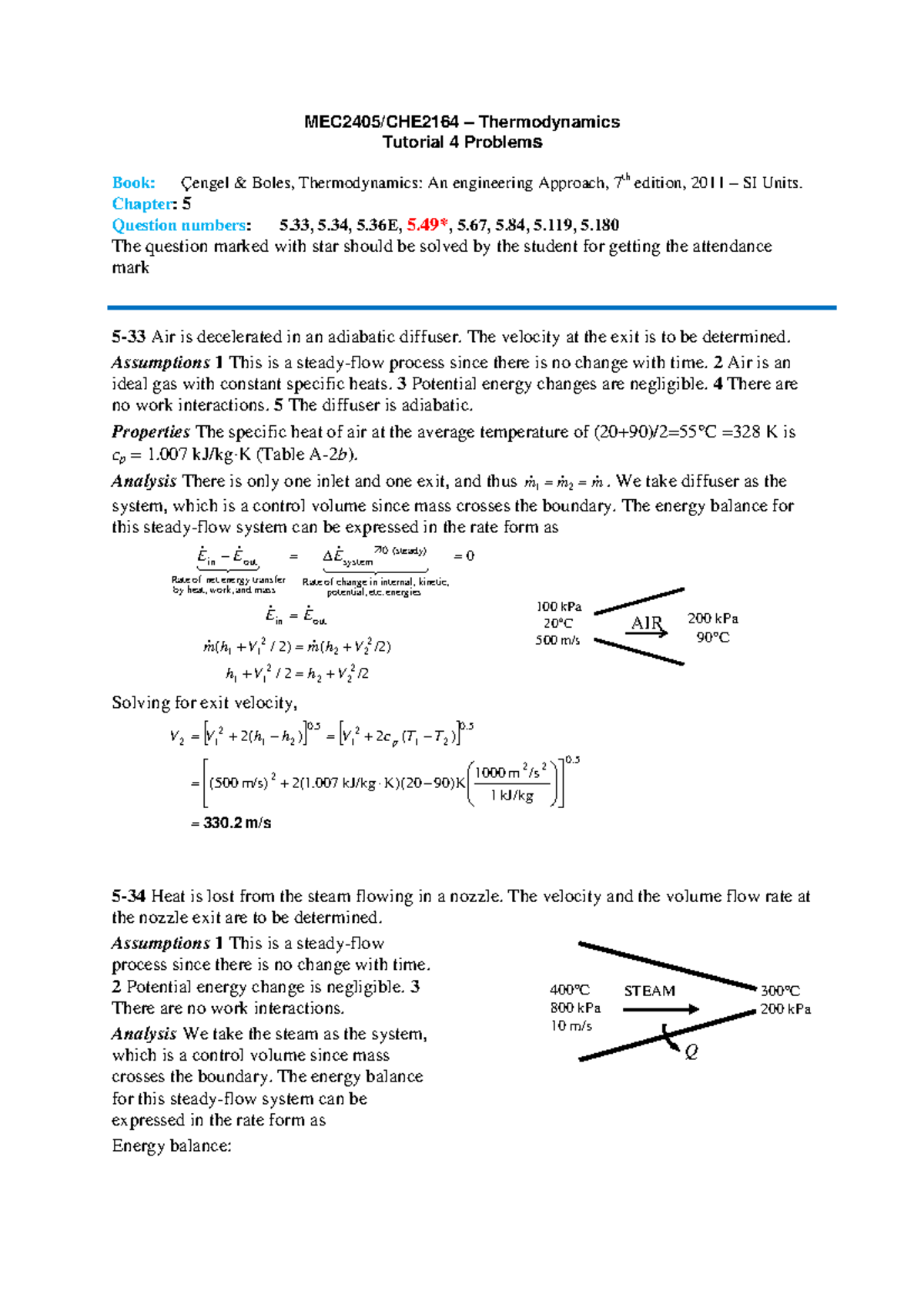 Tutorial 4-Solutions - MEC2405/CHE2164 – Thermodynamics Tutorial 4 ...