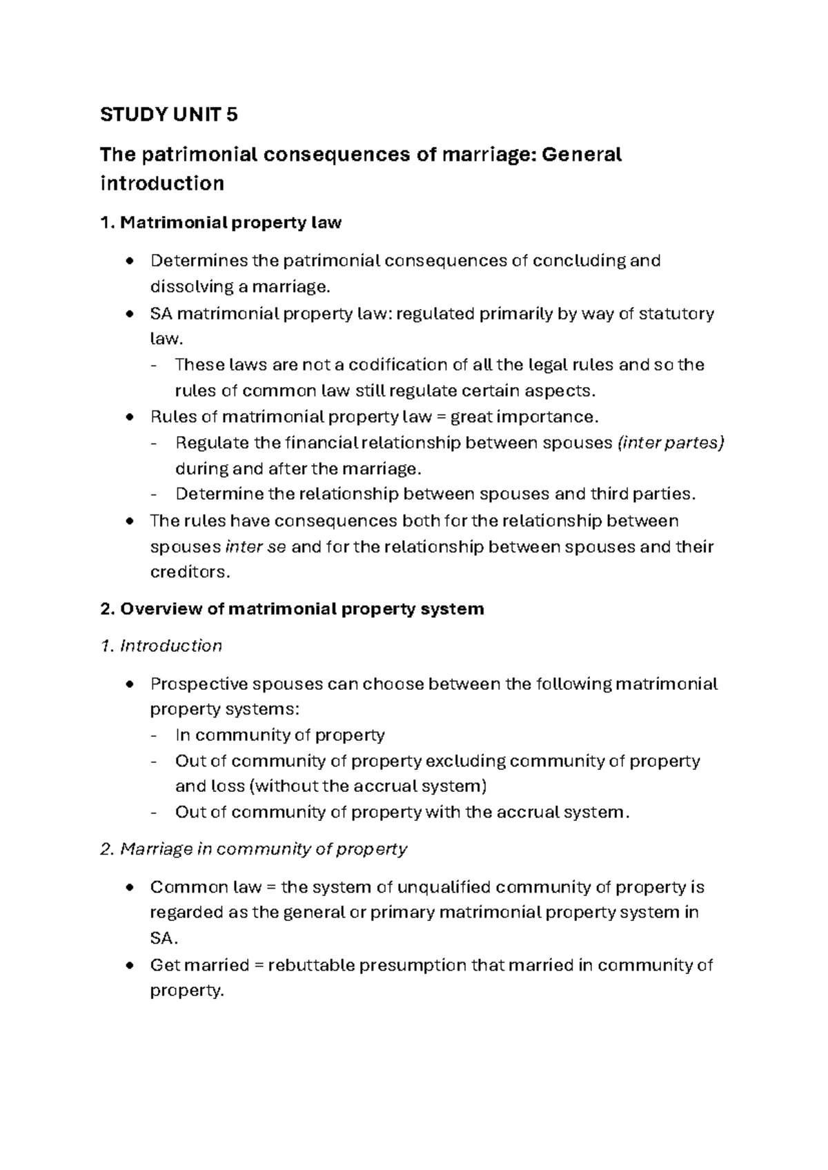 Family law SU 5 - Notes on the work - STUDY UNIT 5 The patrimonial ...