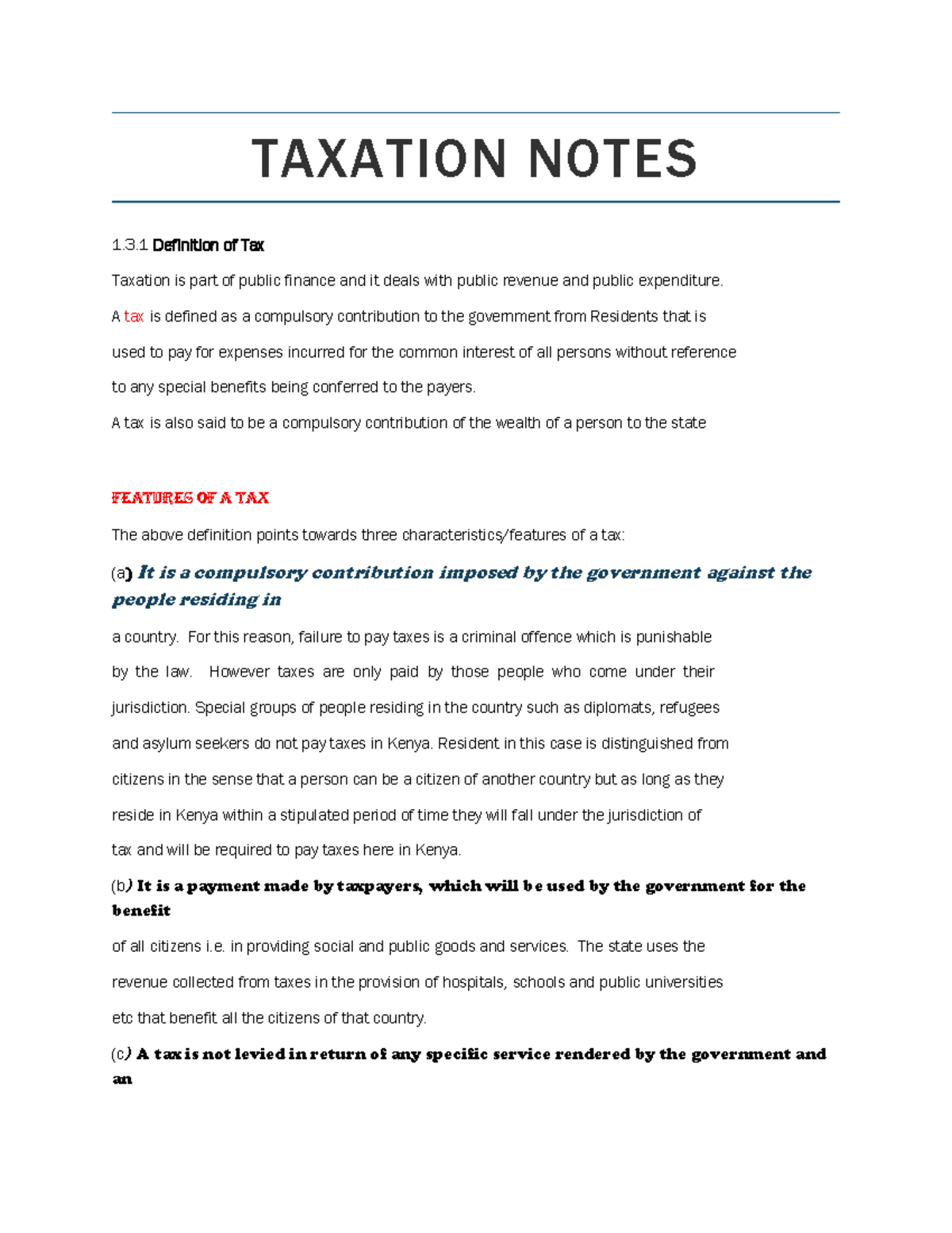 intro to taxation - TAXATION NOTES 1.3 Definition of Tax Taxation is ...
