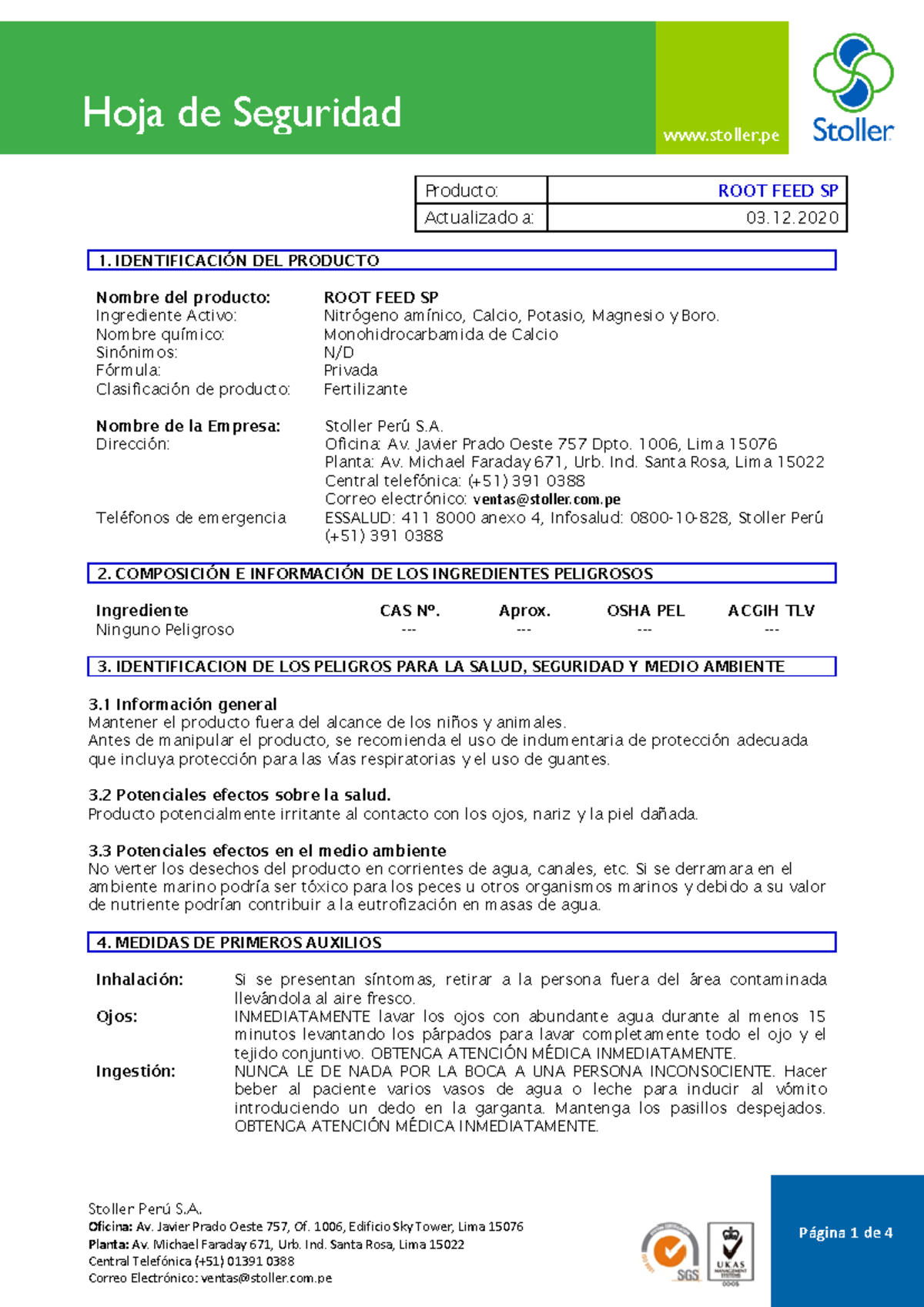 ROOT FEED SP HDS - ficha - Página 1 de 4 Stoller Perú S. Oficina: Av ...