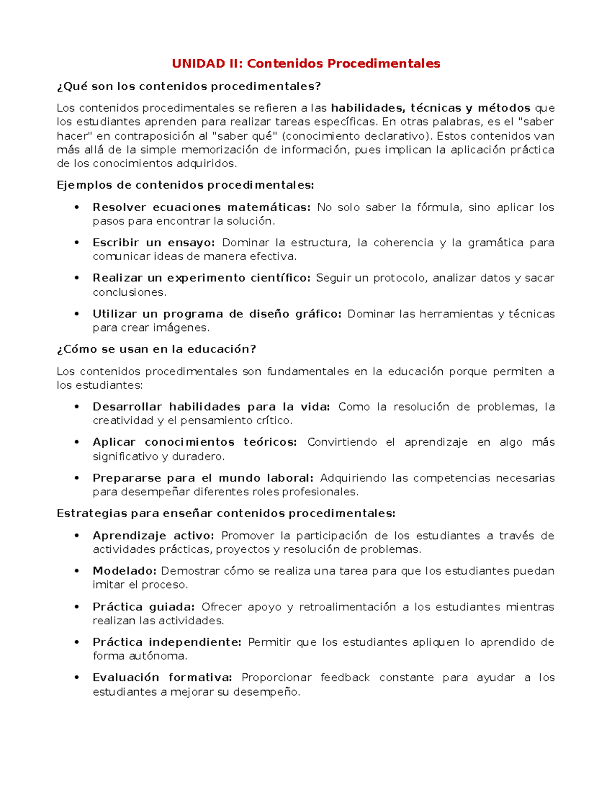 Unidad II - Contenidos Procedimentales - UNIDAD II: Contenidos ...