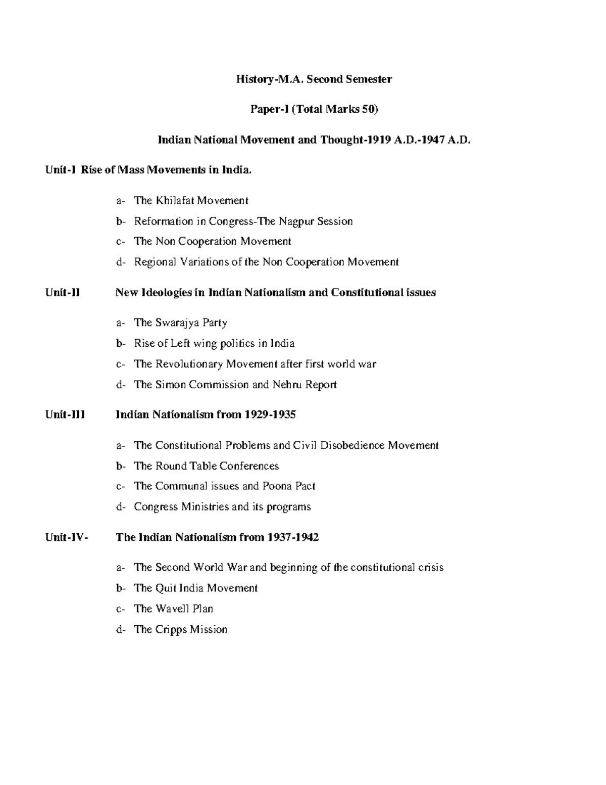 M.A. History-II Semester - History-M. Second Semester Paper-I (Total ...