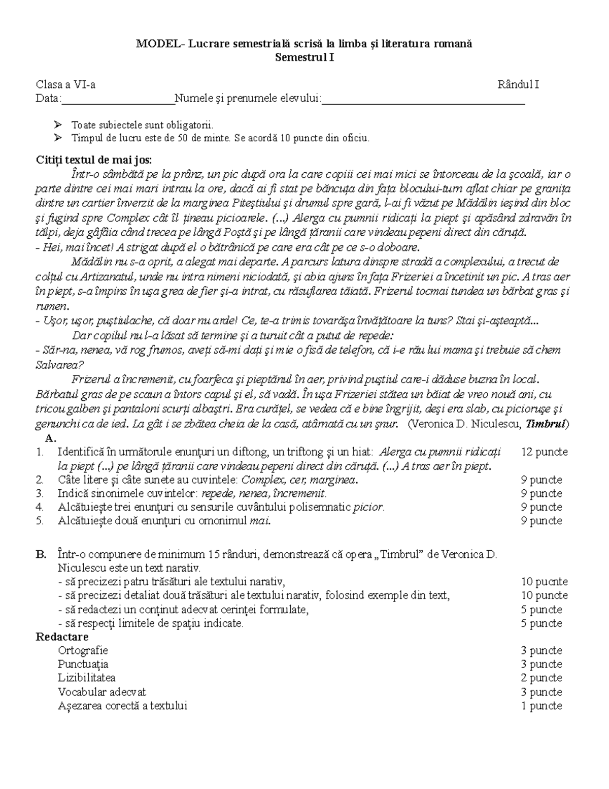 Teza text narativ - porneste de la un text epic - MODEL- Lucrare ...