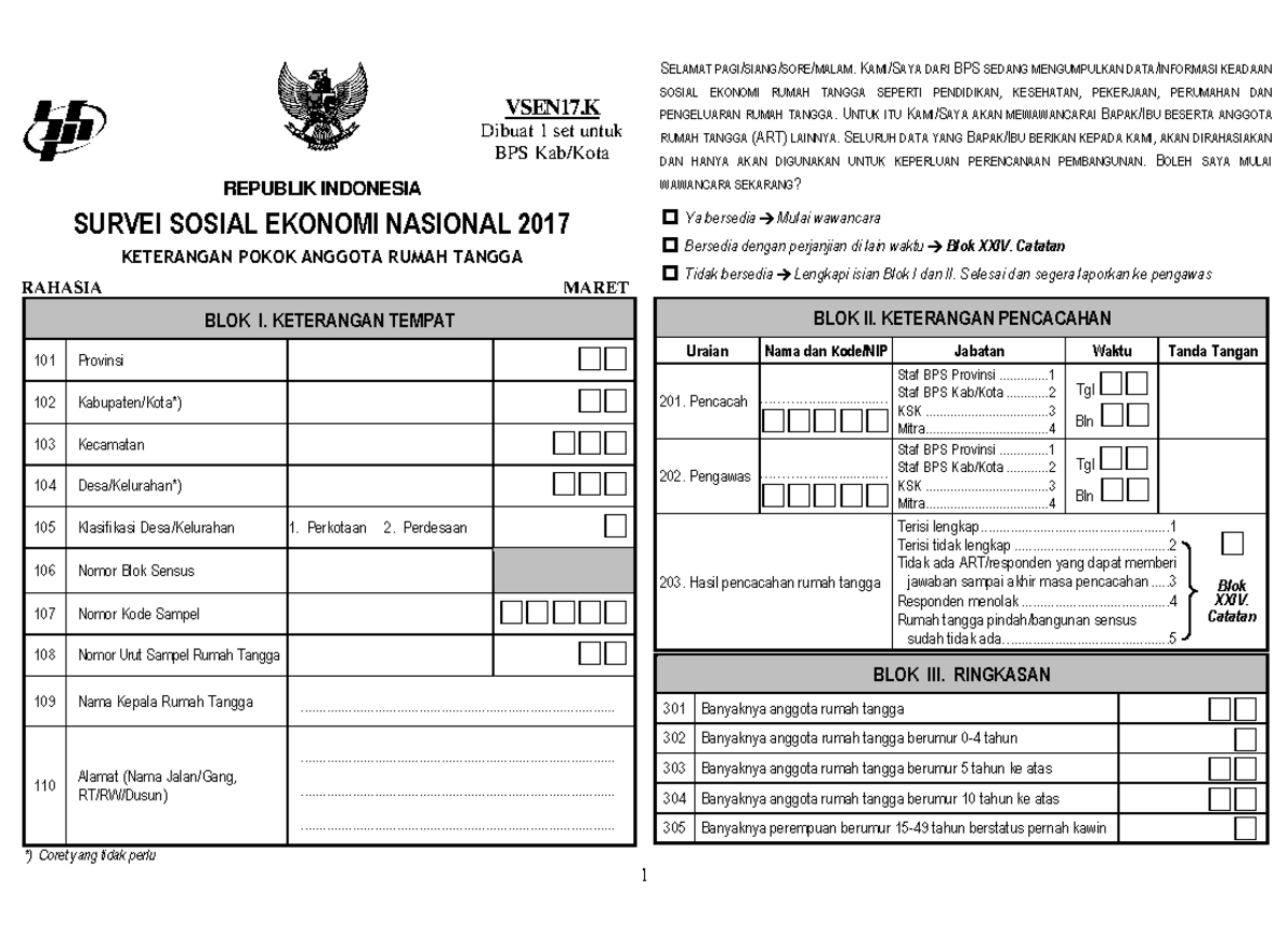 Kuesioner tentang susenas tugas statek - REPUBLIK INDONESIA SURVEI ...