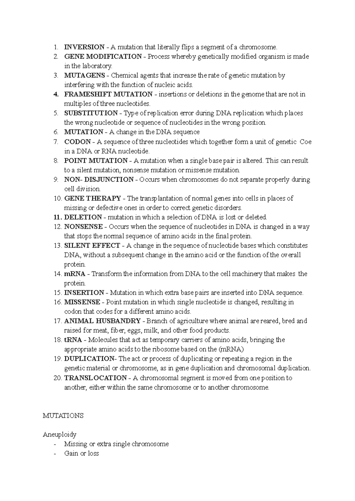 Genetics-LONG-EXAM - Genetics - INVERSION - A mutation that literally ...