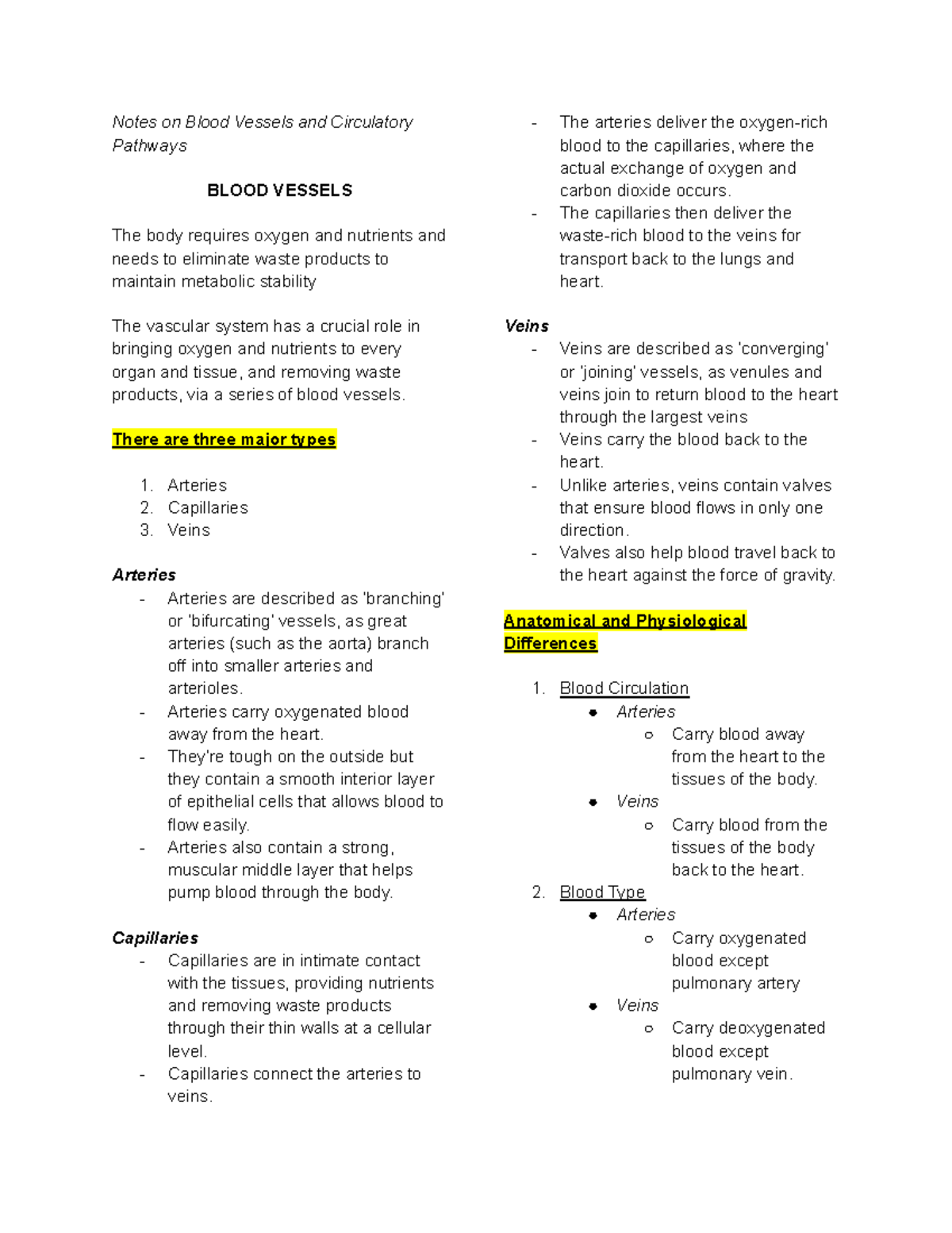 Notes on Blood Vessels and Circulatory Pathways - Notes on Blood ...