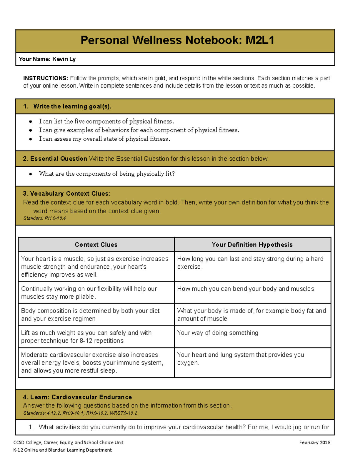 Health Personal Wellness Notebook M2L1 - Personal Wellness Notebook ...