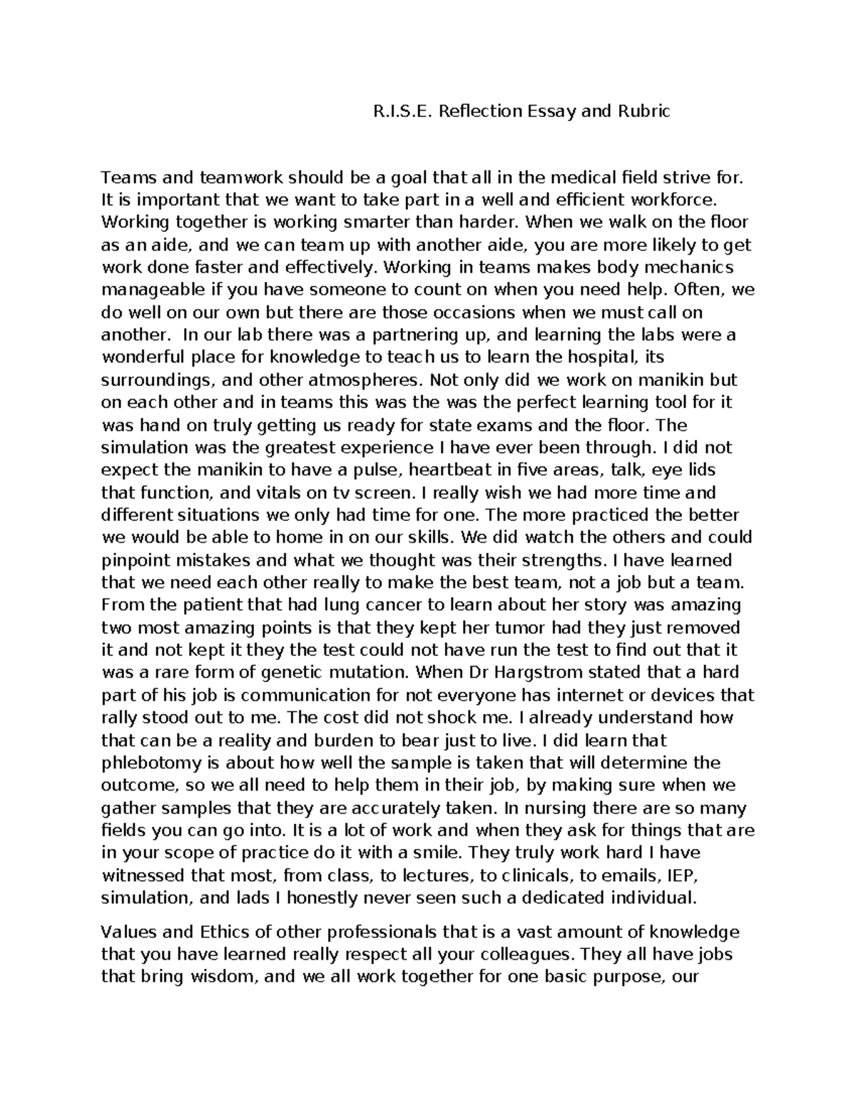 R.I.S.E. Reflection Essay and Rubric - R.I.S. Reflection Essay and ...