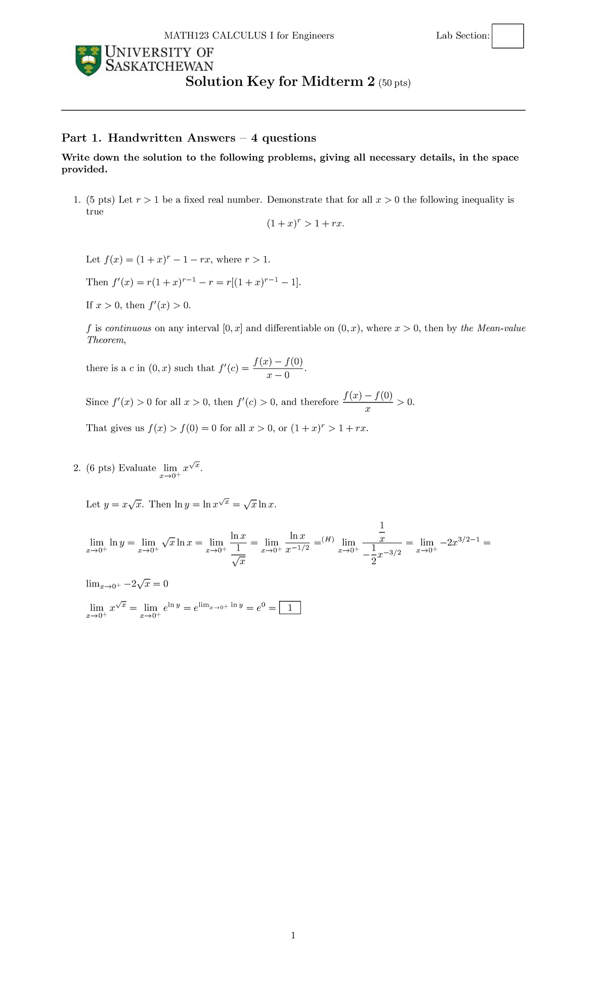 Exam 2015, questions and answers - Midterm 2 - MATH123 CALCULUS I for Engineers Lab Section ...