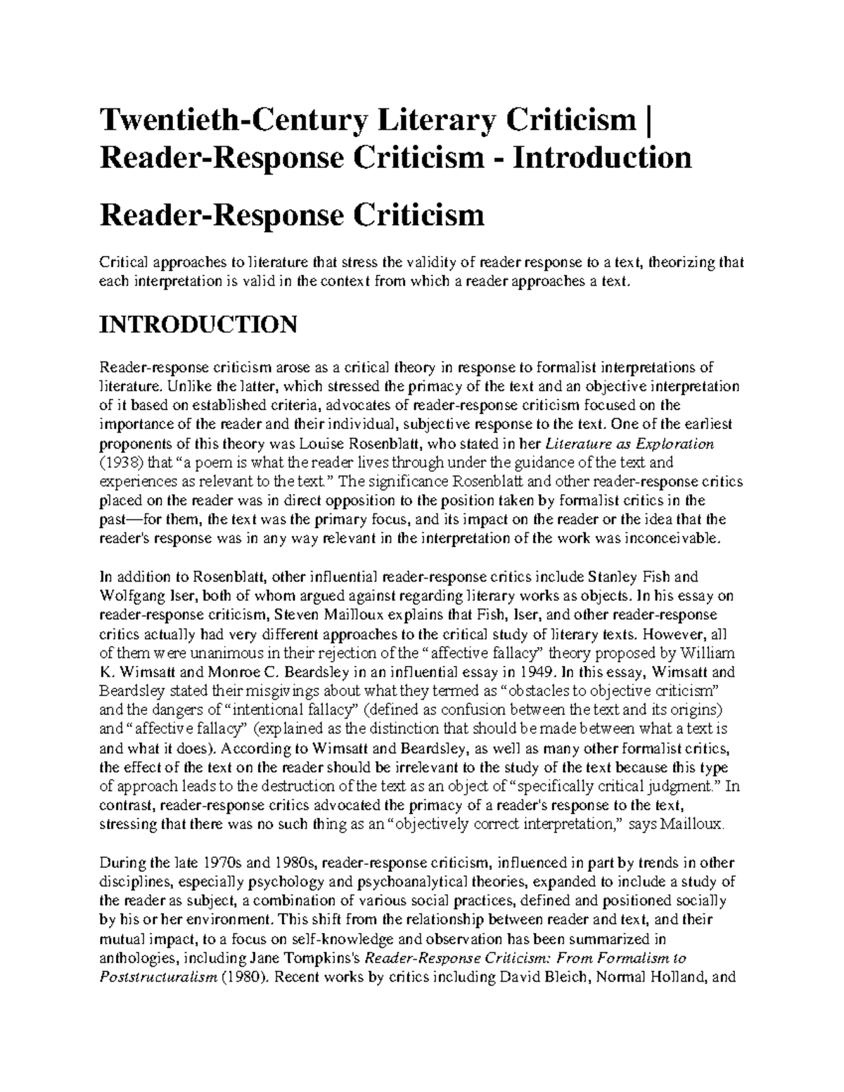 Reader Response Notes - Twentieth-Century Literary Criticism | Reader ...