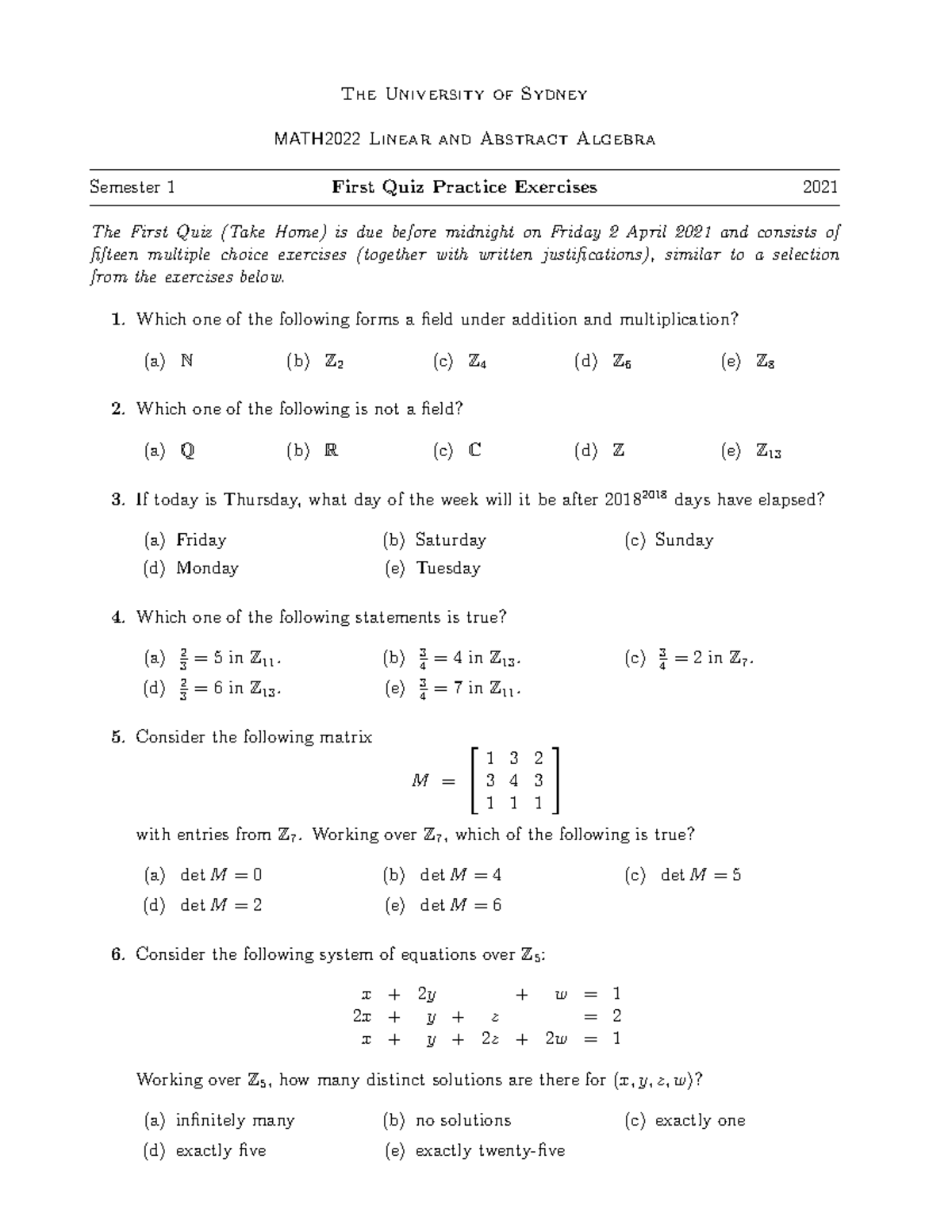 2021 MATH2022 First Quiz Practice Exercises - The University of Sydney ...