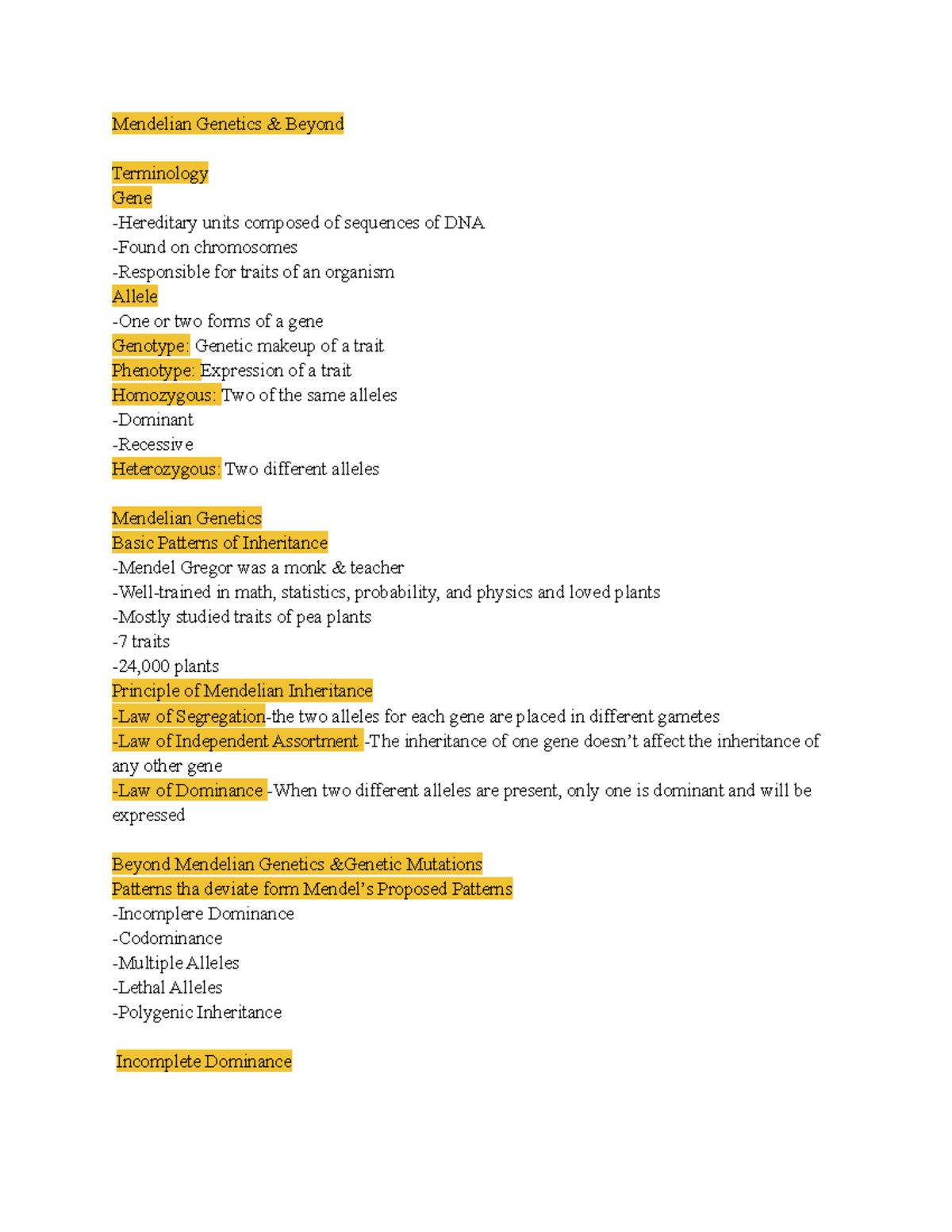 Mendelian Genetics - These notes were from an in-person class some ...