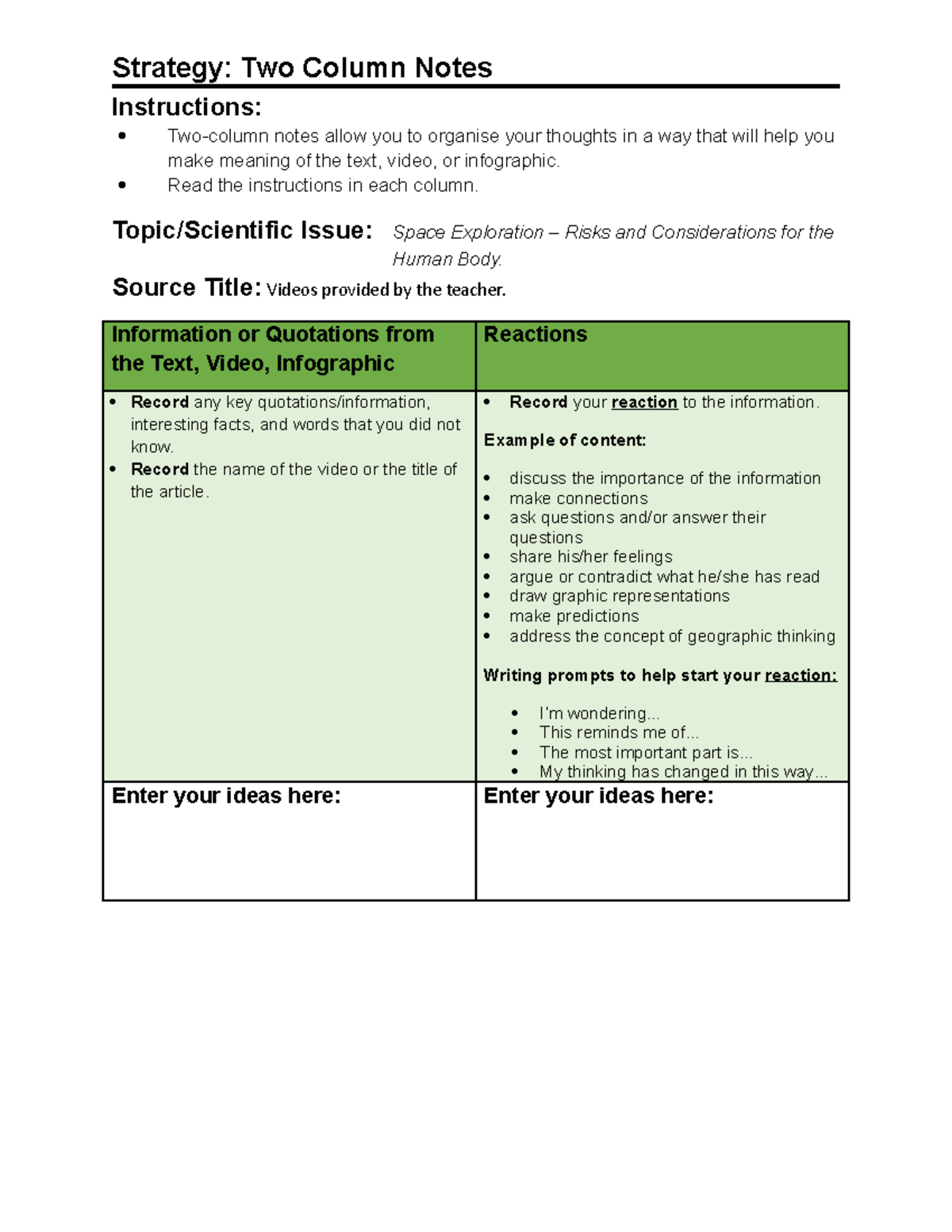 Two Column Note Strategy - Strategy: Two Column Notes Instructions: Two ...