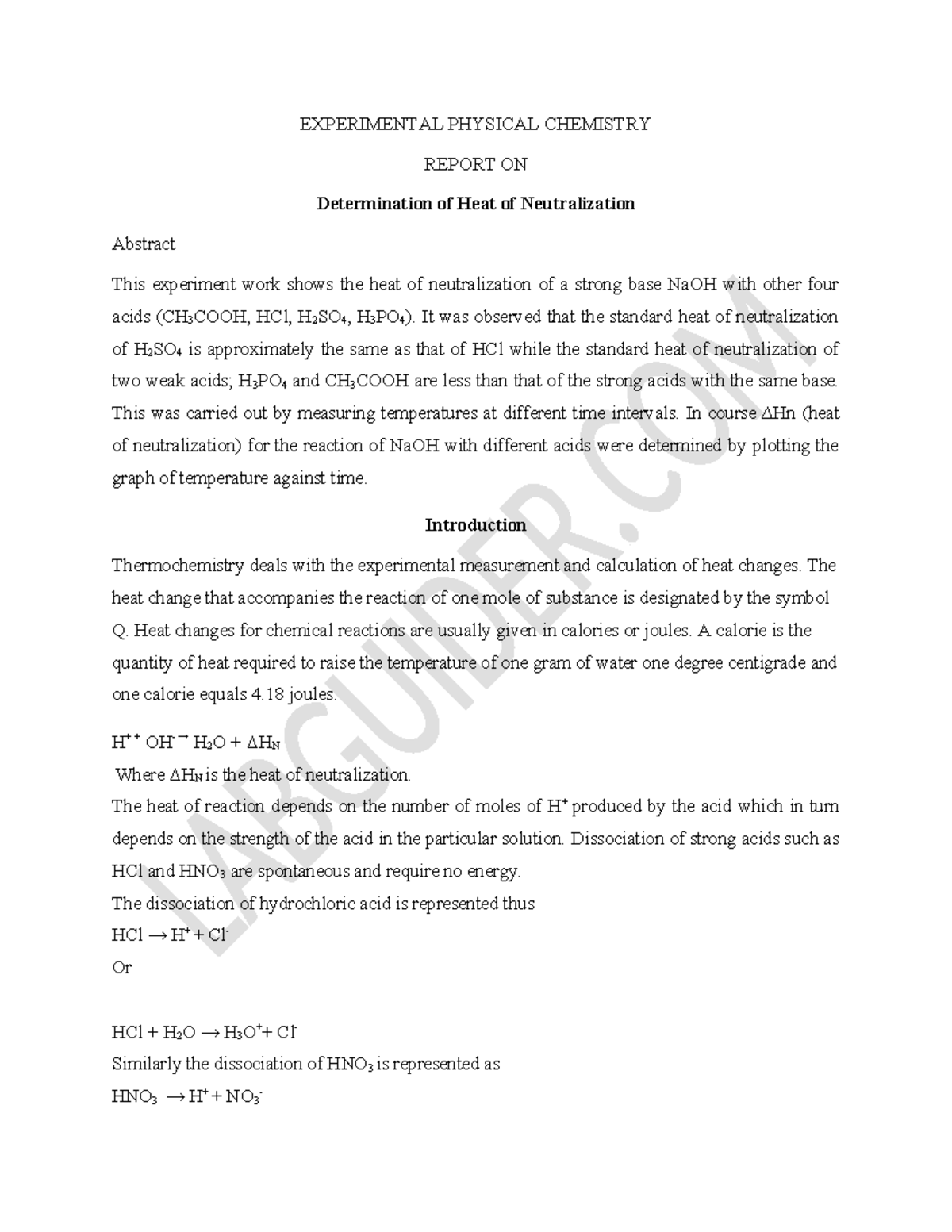 Determination of Heat of Neutralization Report - EXPERIMENTAL PHYSICAL ...