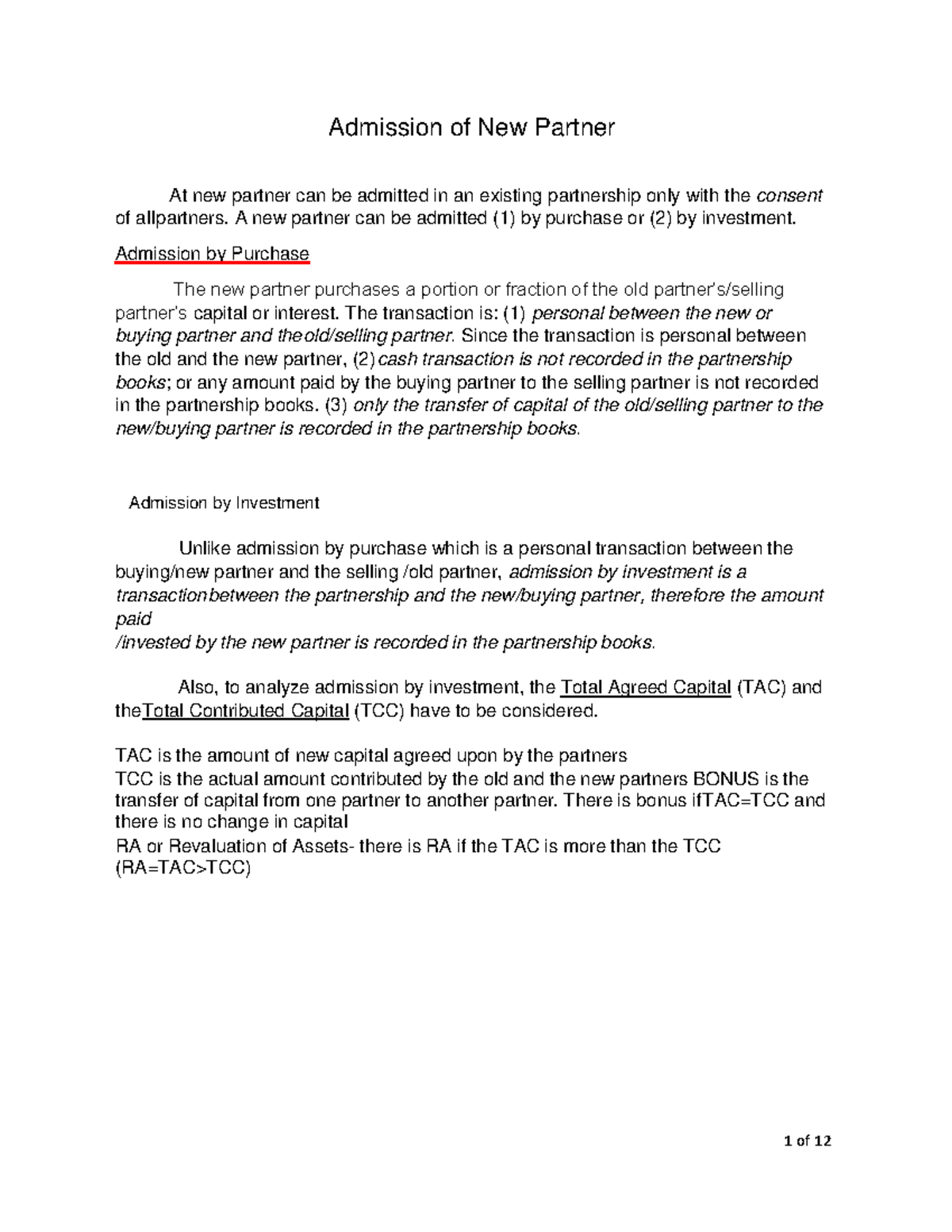 Admission OF Partners - 1 of 12 Admission of New Partner At new partner ...