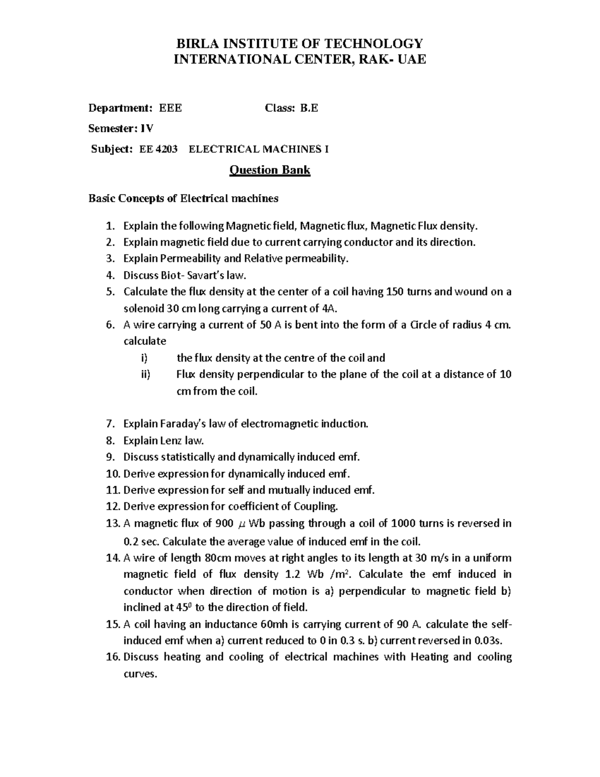 EE4203 Electrical Machines I Question Bank - INTERNATIONAL CENTER, RAK ...