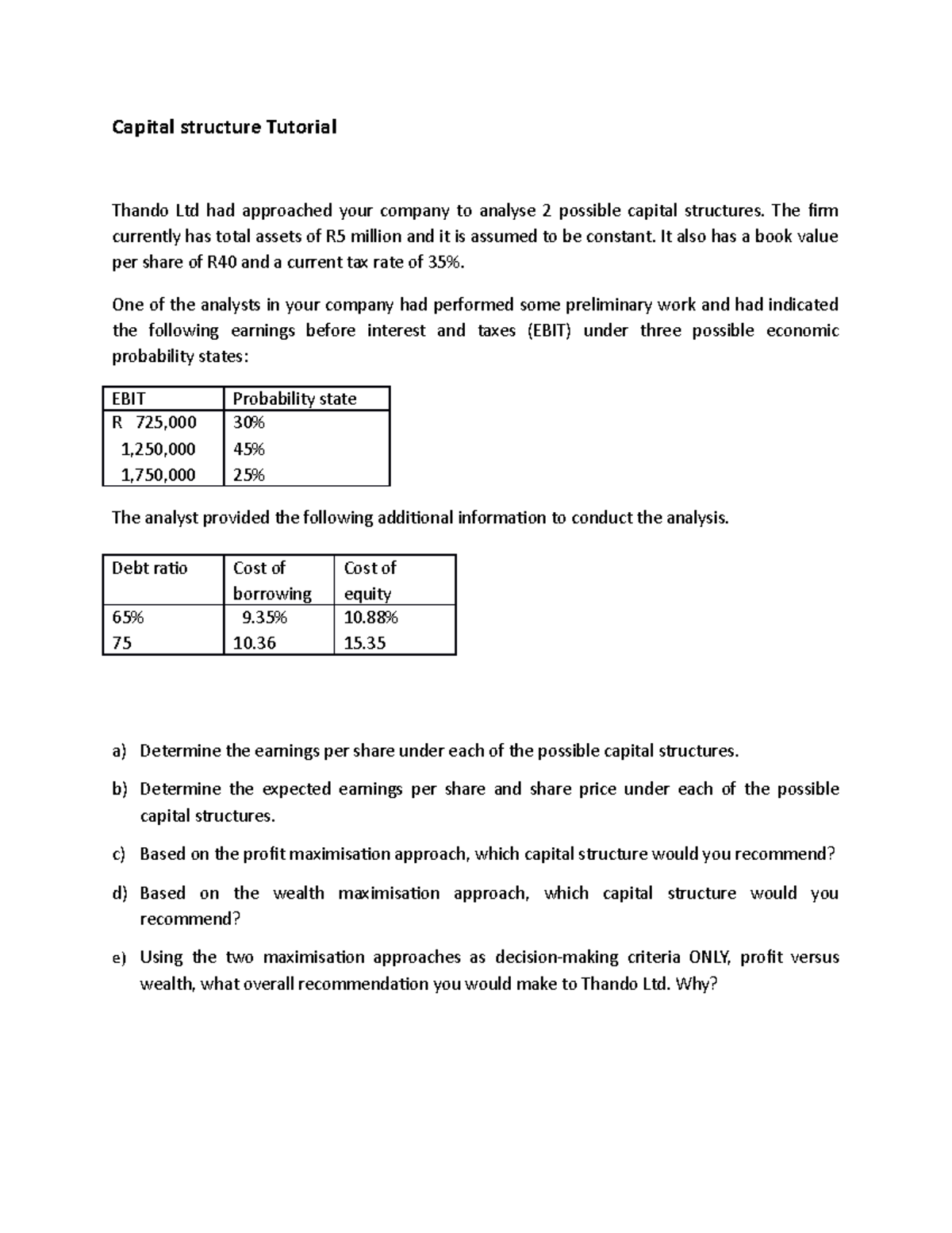 Capital structure Tutorial - Capital structure Tutorial Thando Ltd had ...