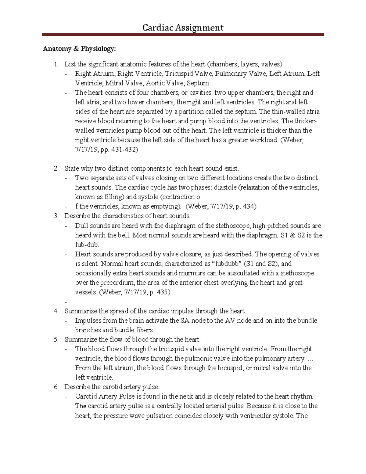 Cardiac Assignment-1 - Anatomy & Physiology: List the significant ...
