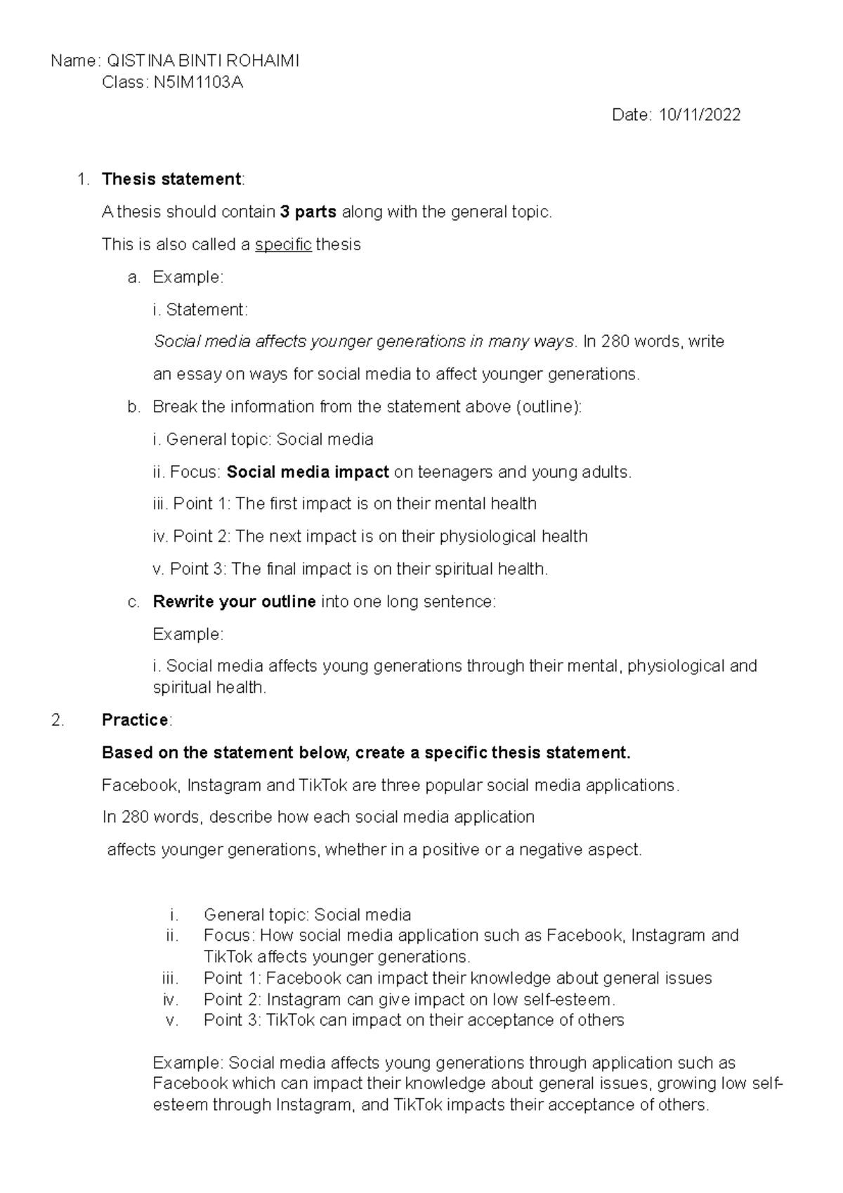 WEEK 5 Writing Exercise ELC231 BA1113C IM1103A - Name: QISTINA BINTI ...
