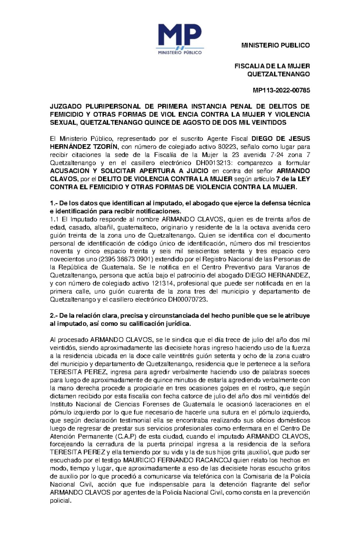 Acusación - MINISTERIO PUBLICO FISCALIA DE LA MUJER QUETZALTENANGO ...