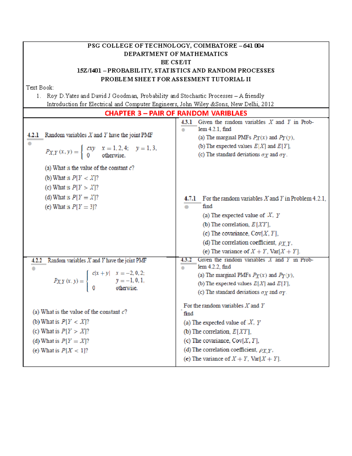 PSPS -Asst Tut 2- Prob sheet - PSG COLLEGE OF TECHNOLOGY, COIMBATORE ...