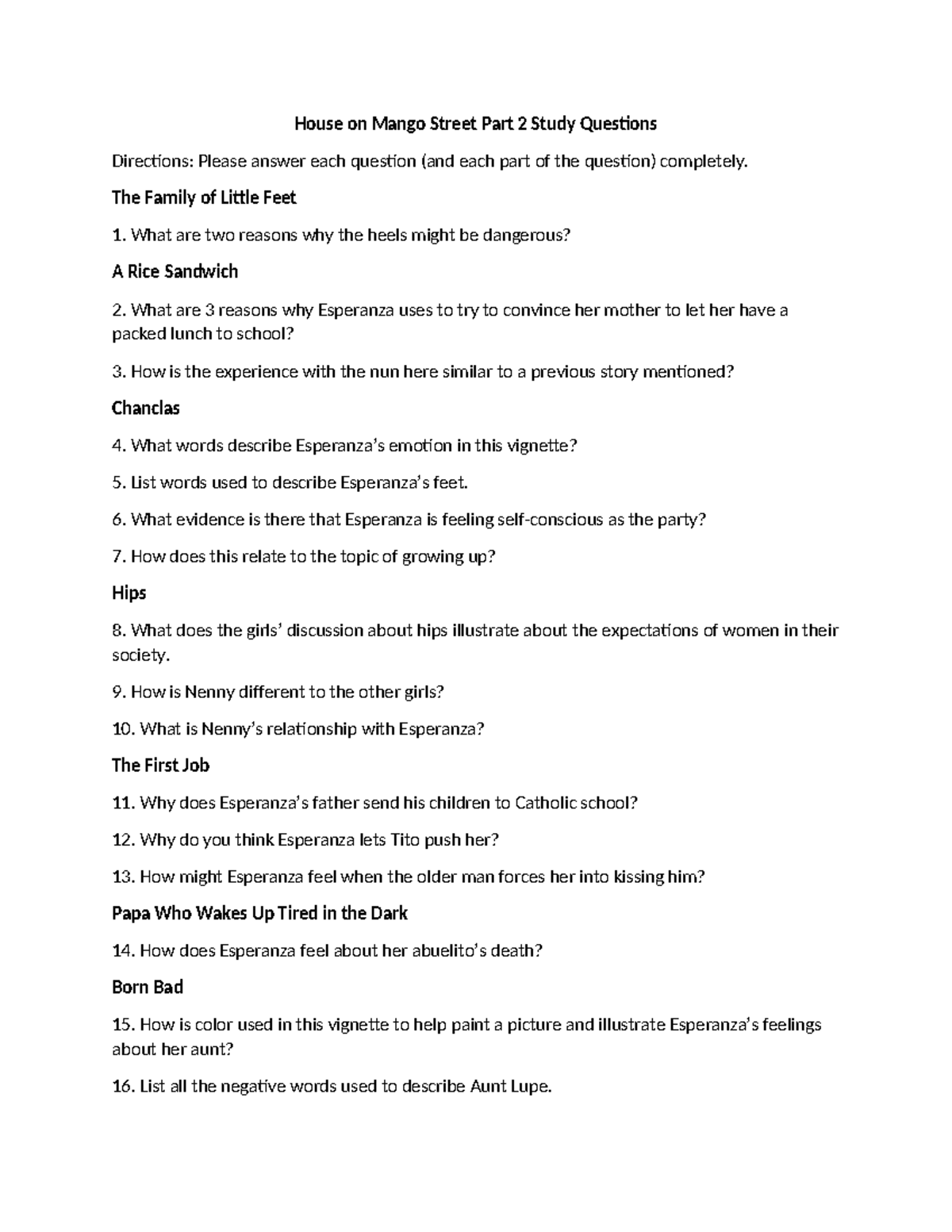 House on Mango Street Part 2 Study Questions - House on Mango Street ...