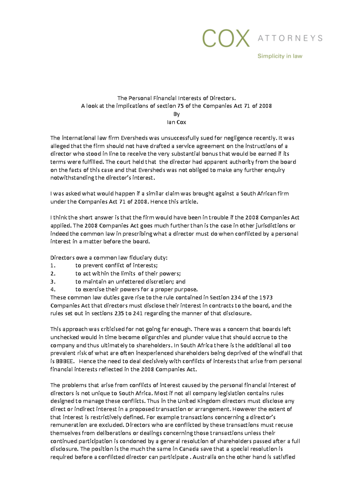 Personal financial interests of directors S75 - The Personal Financial ...