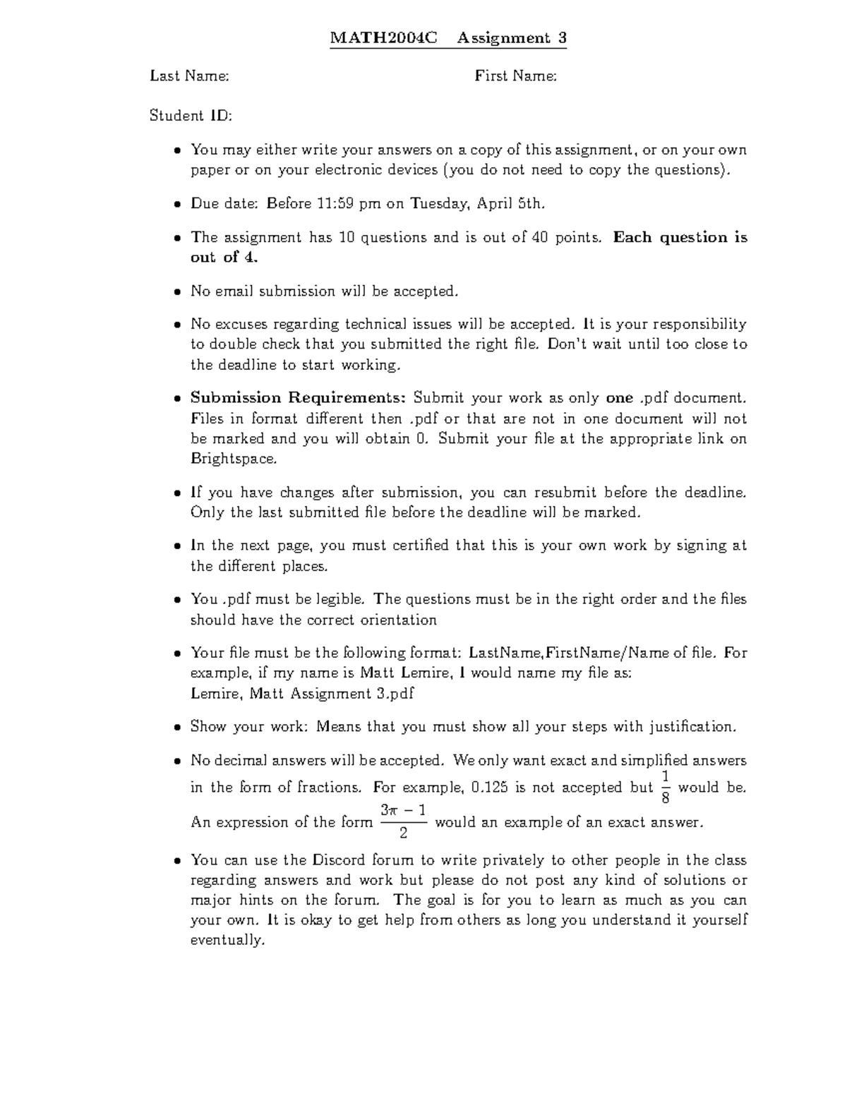 Assignment 3 - Math 2004 - Carleton - Studocu