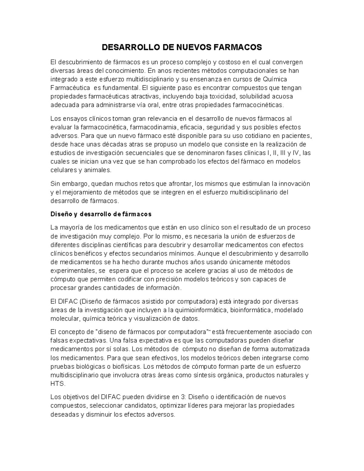 Diseno y desarrollo de fármacos ̃ - DESARROLLO DE NUEVOS FARMACOS El descubrimiento de fármacos ...