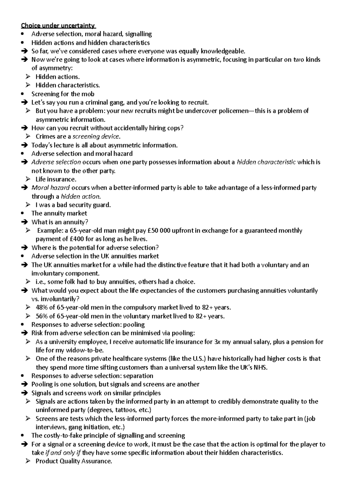 C7 Choice under uncertainty - Choice under uncertainty Adverse selection, moral hazard ...