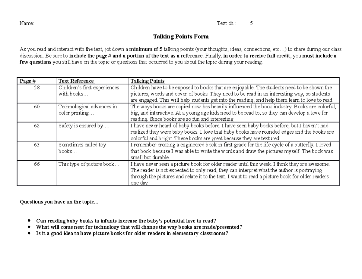 Talking Points 5 - Name: Text ch.: 5 Talking Points Form As you read ...