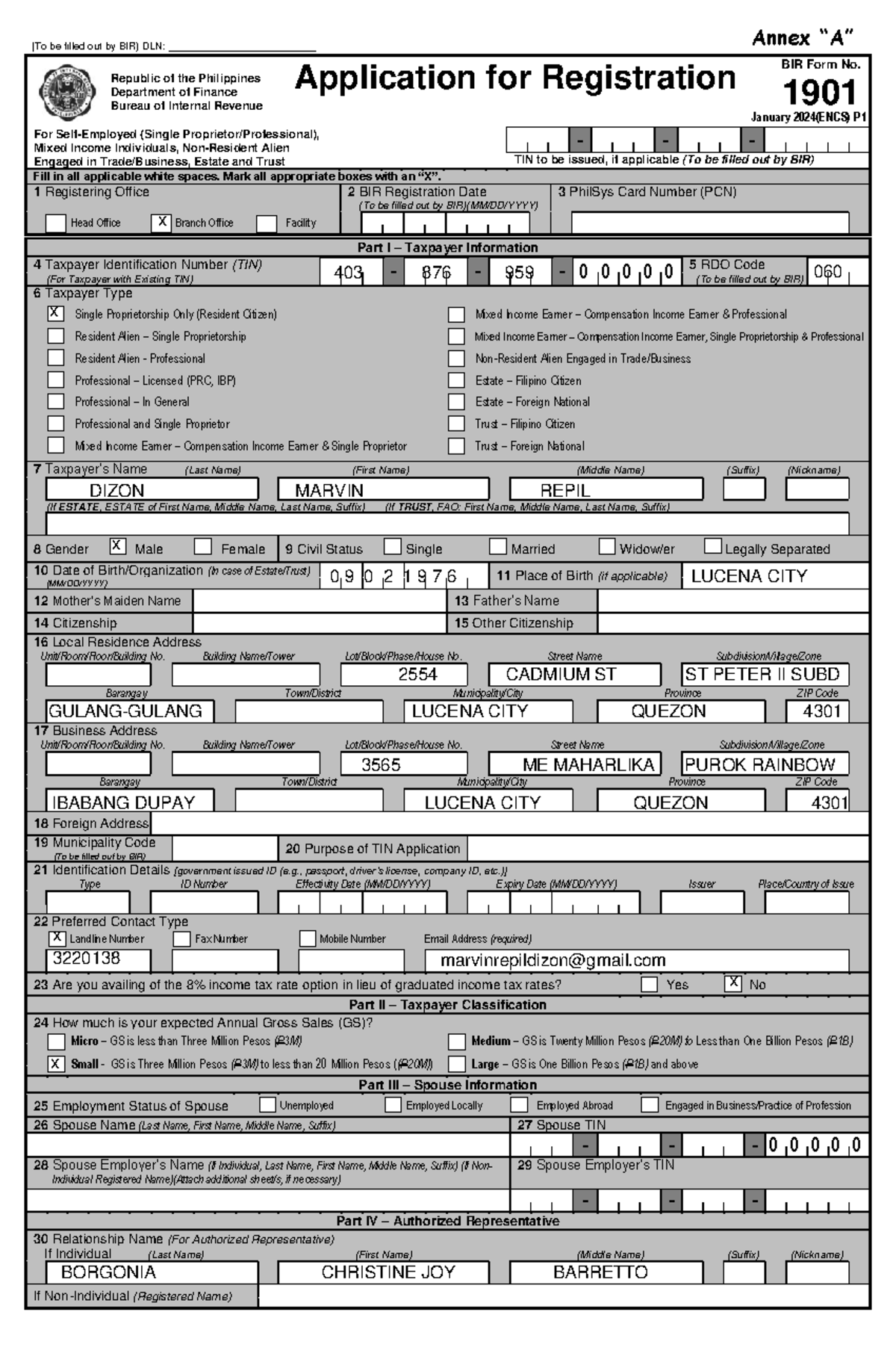 1901-January-2024 - bir form 1901 2024 - (To be filled out by BIR) DLN
