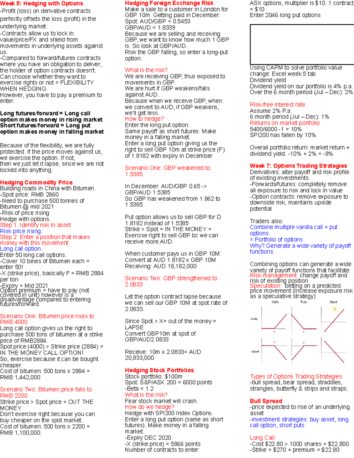 Derivatives -summary week 5 - Week 5: Hedging with Options -Profit ...