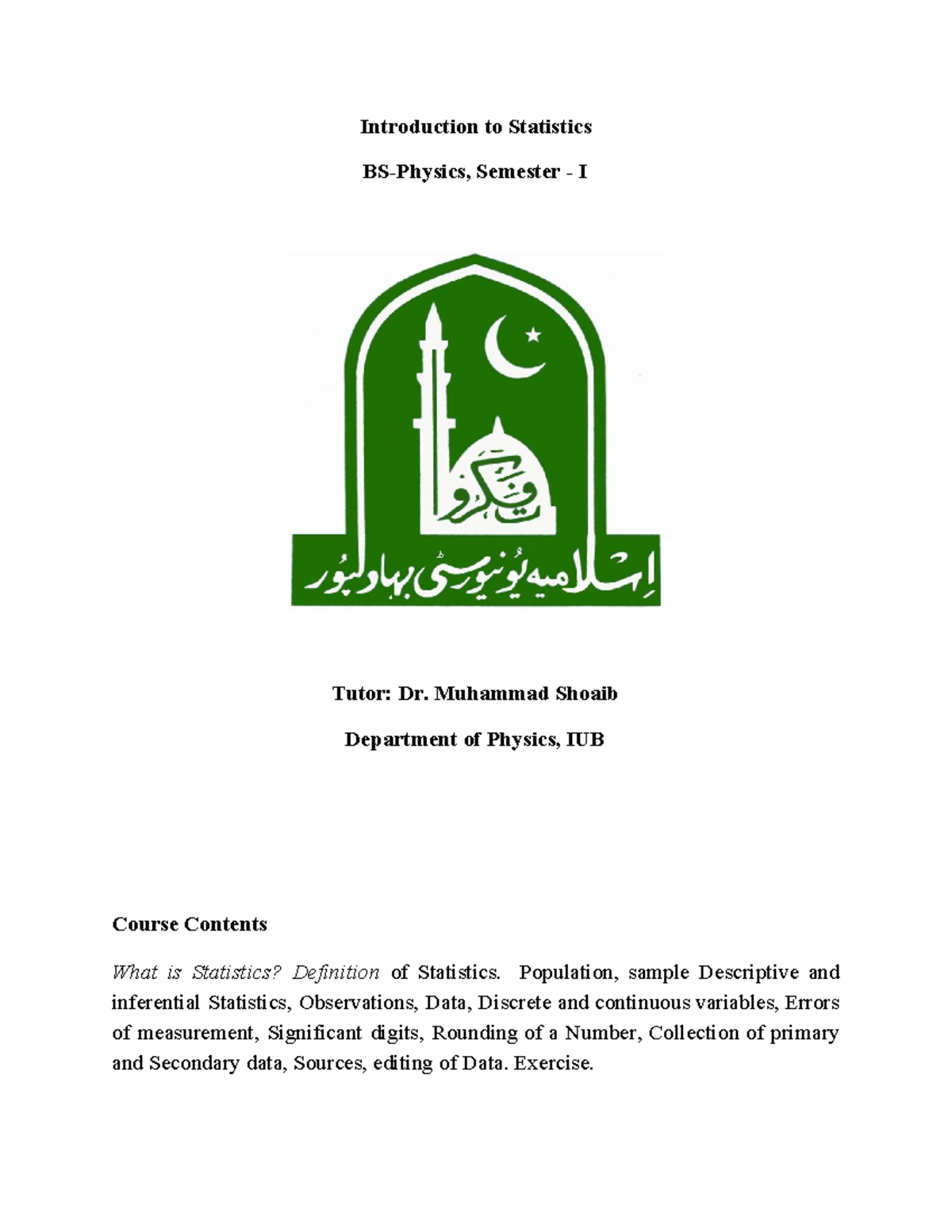 Lecture Notes Statistics Dr Shoaib Introduction To Statistics Bs Physics Semester I Tutor