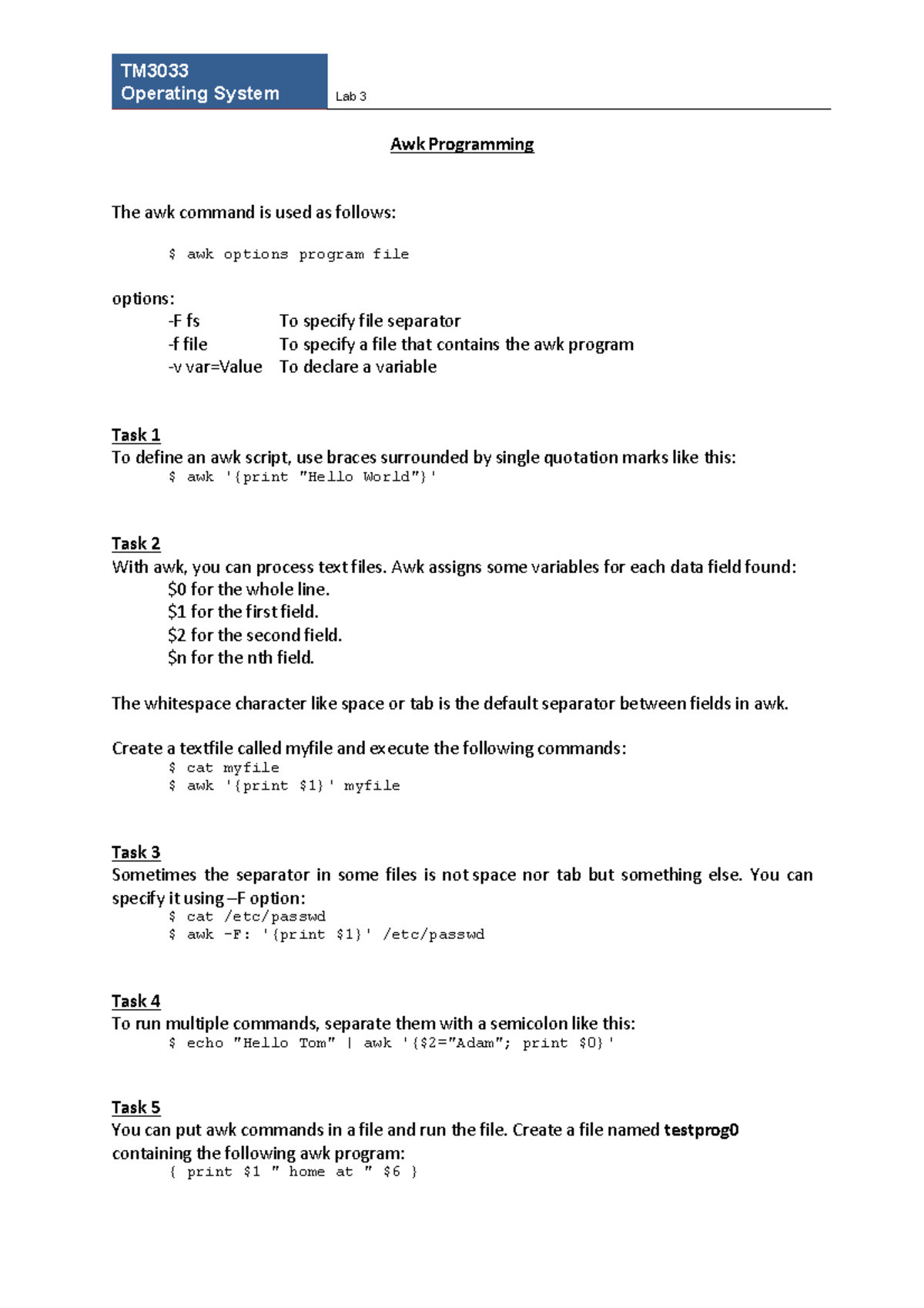 W03 Lab 3- Awk Programming - Operating System Lab 3 Awk PƌogƌaŵŵiŶg The ...