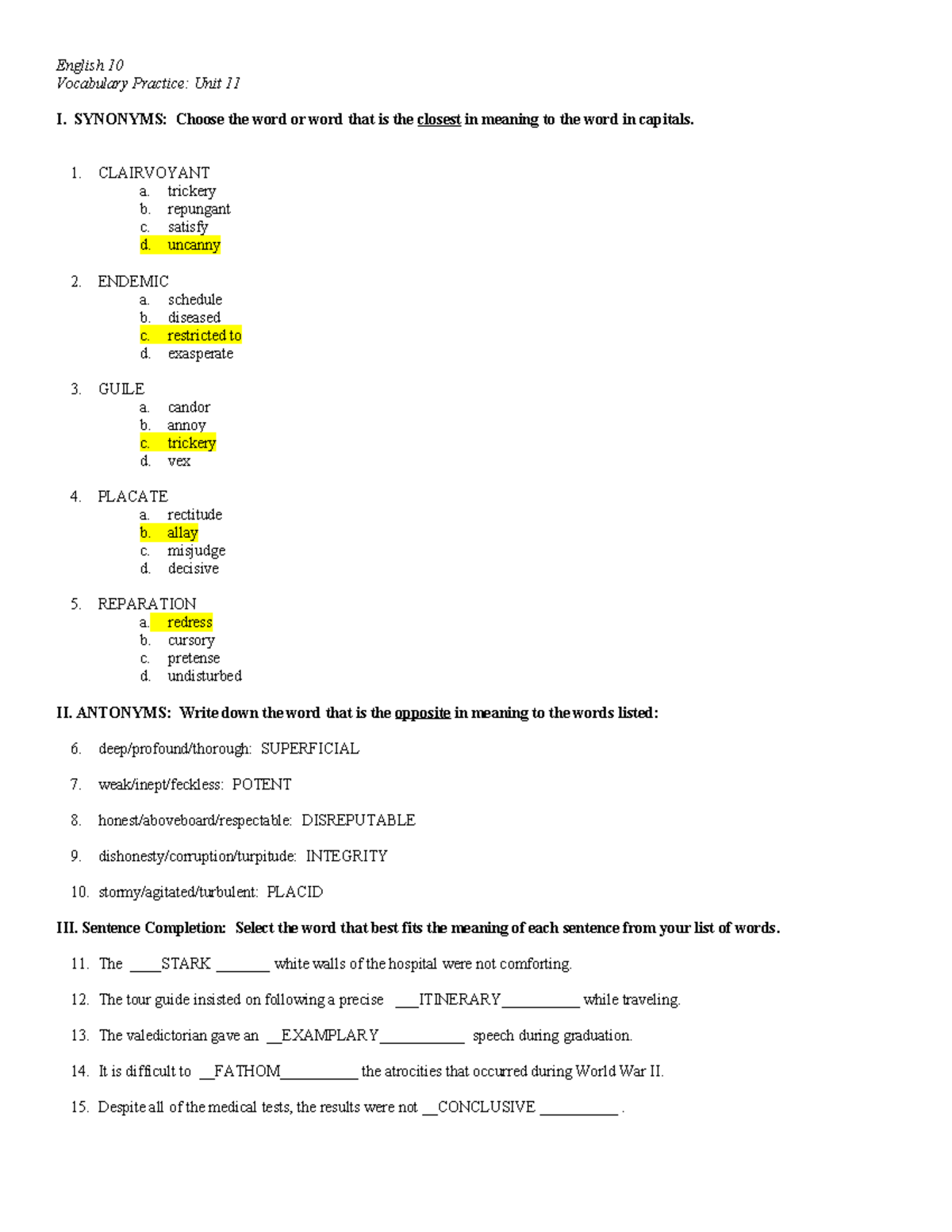 Unit 11 Review Sheet with answers - English 10 Vocabulary Practice ...