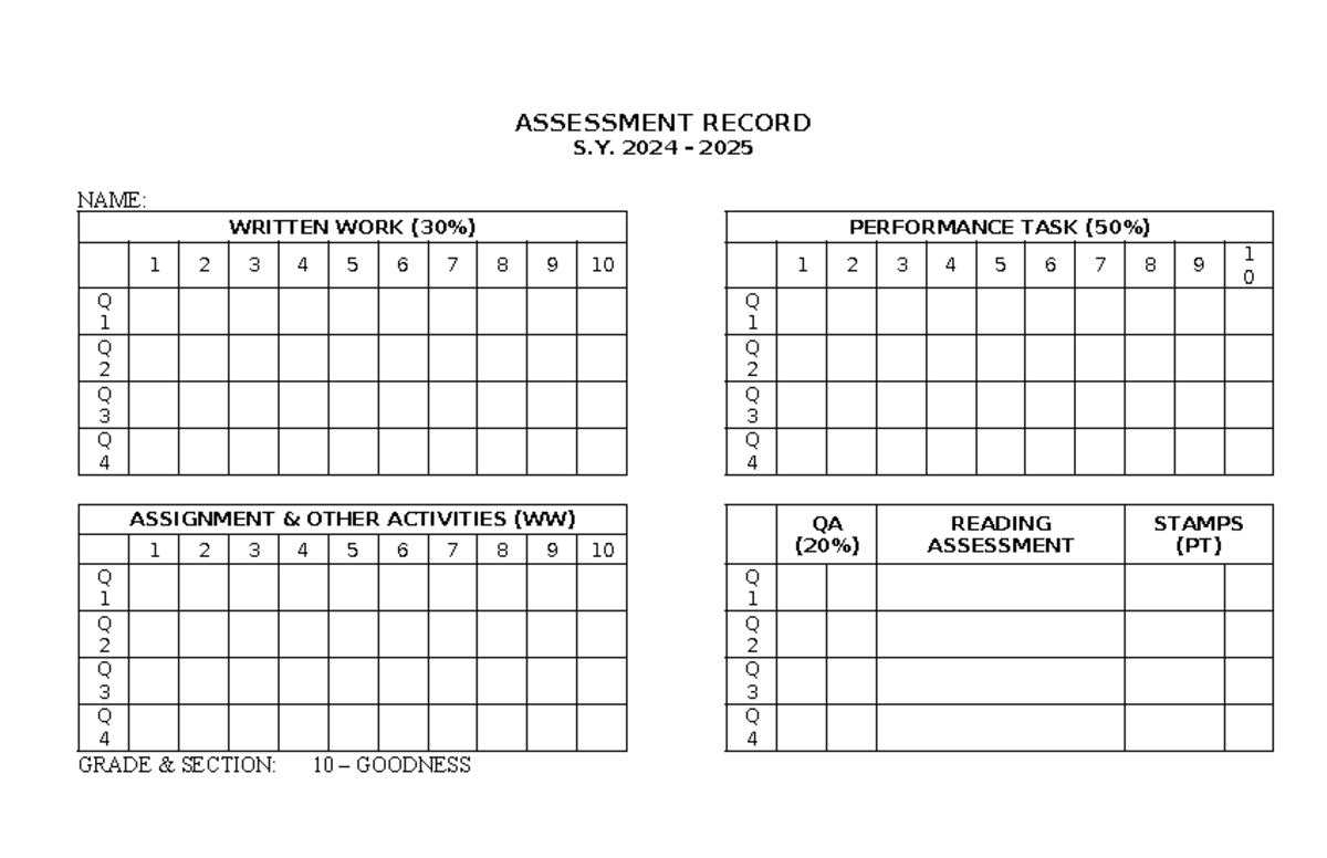 Assessment Record - ... - ASSESSMENT RECORD S. 2024 – 2025 NAME